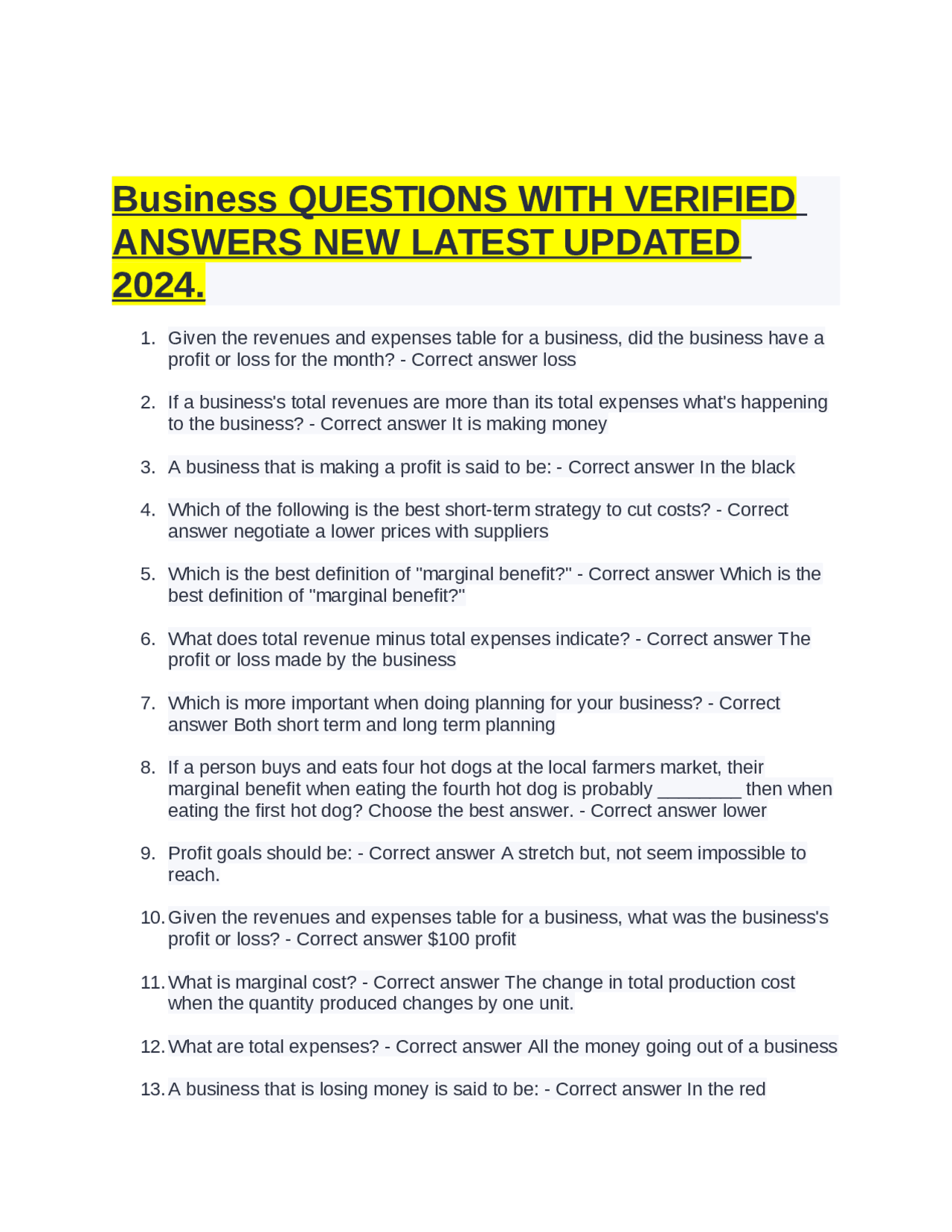 Business QUESTIONS WITH VERIFIED ANSWERS NEW LATEST UPDATED 2024 ...