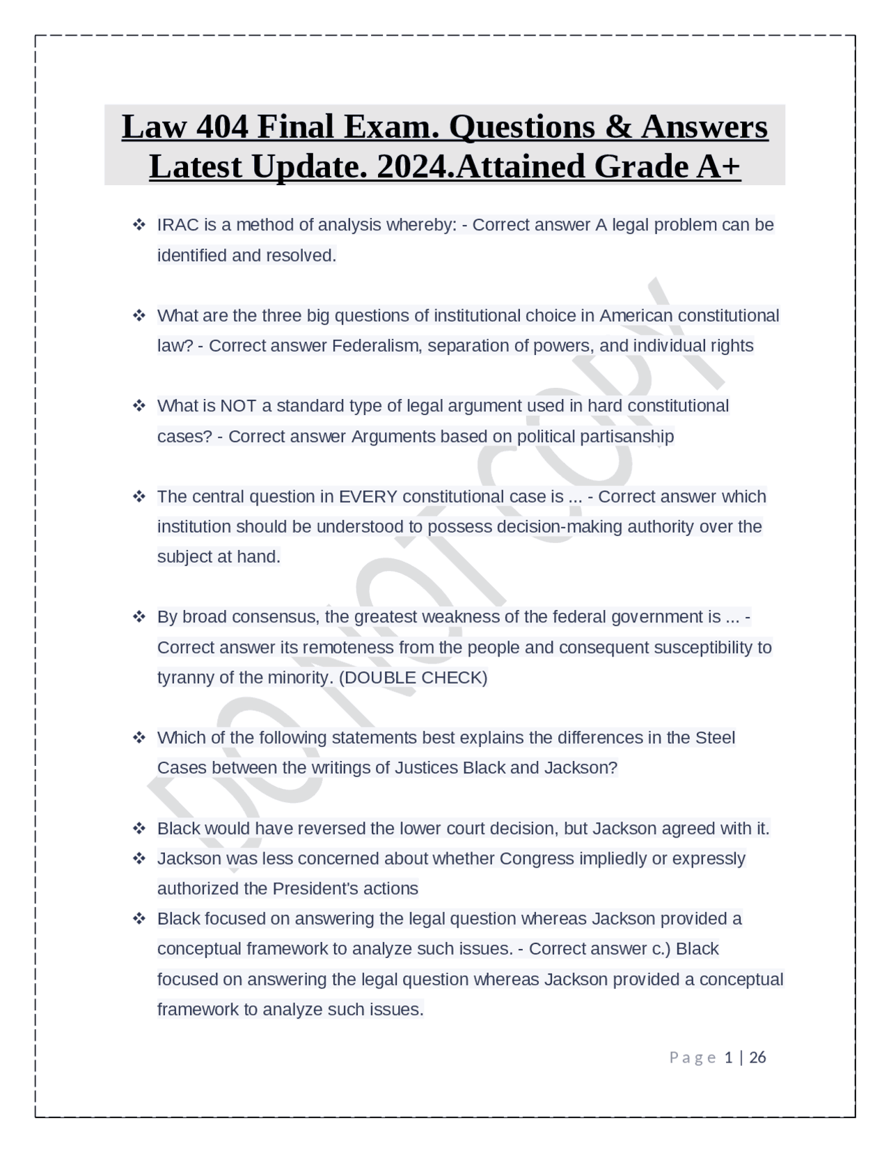 Law 404 Final Exam: Questions & Answers | Exams Law | Docsity