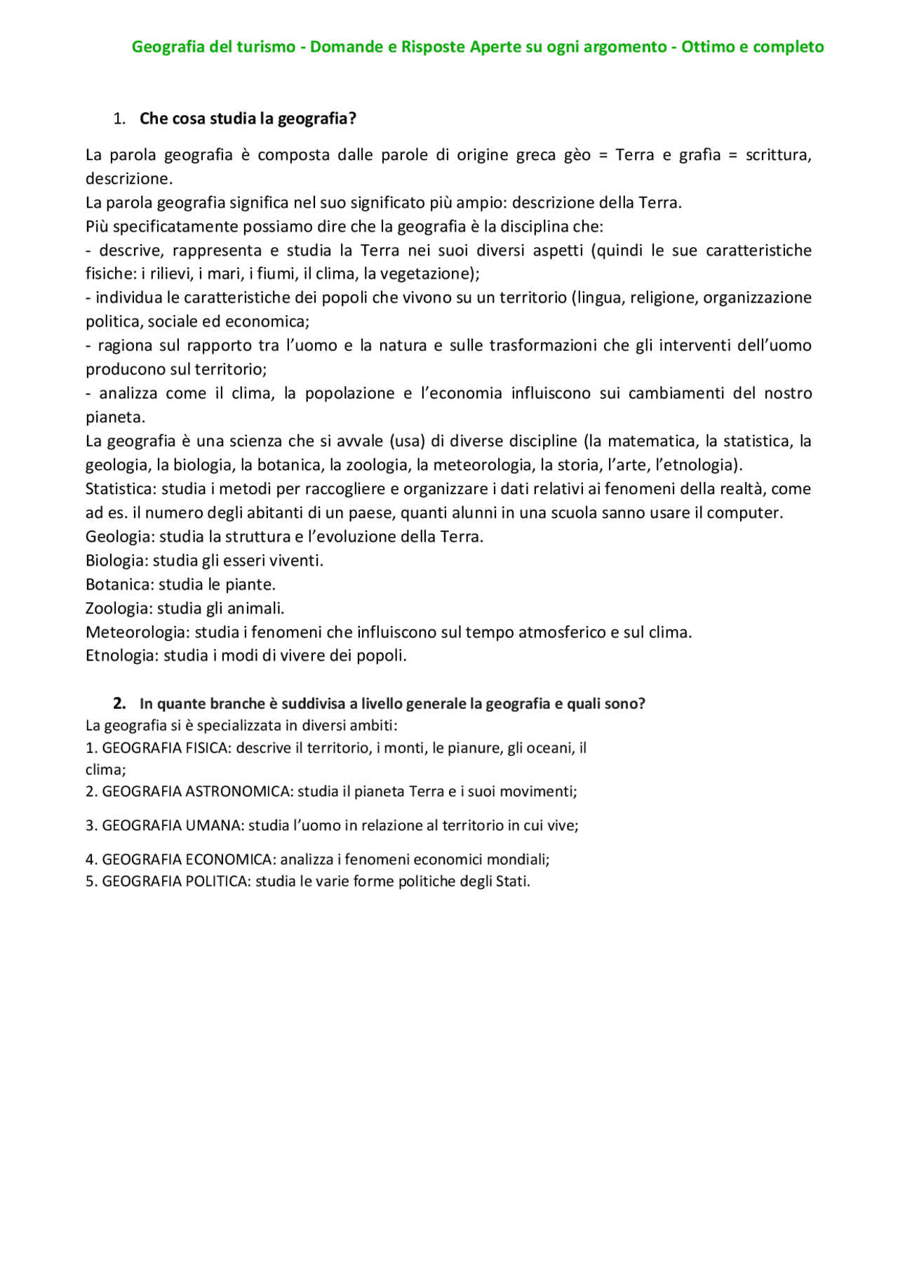 Geografia del turismo - Domande e Risposte Aperte su ogni argomento - Ottimo e completo ...