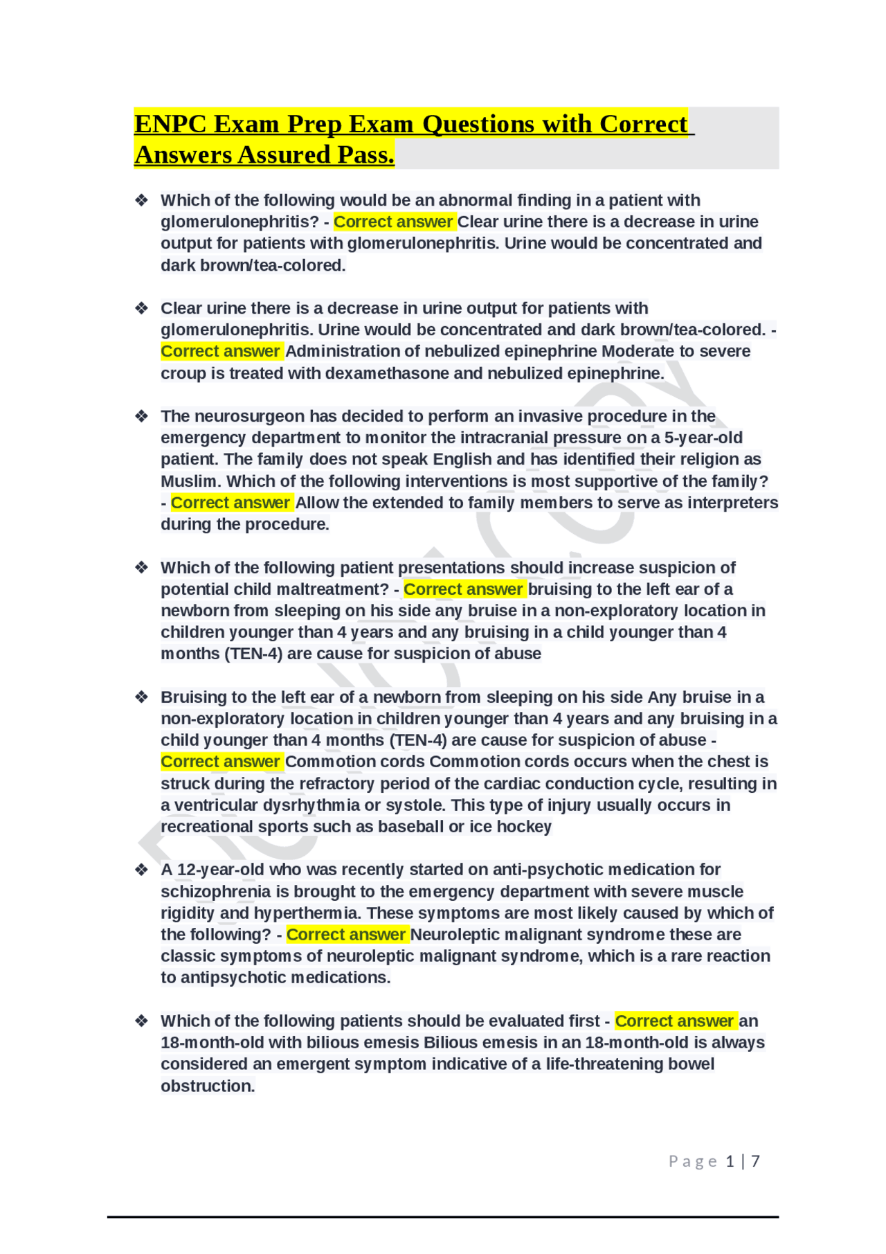 ENPC Exam Prep Exam Questions with Correct Answers Assured Pass ...