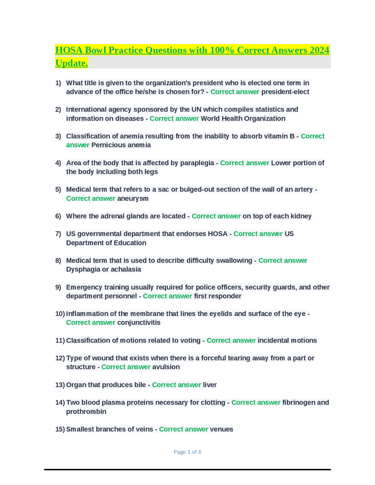 HOSA Bowl Practice Questions with 100% Correct Answers 2024 Update ...