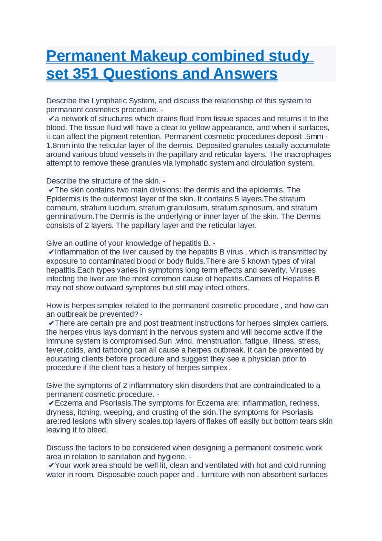 Permanent Makeup combined study set 351 Questions and Answers | Exams ...