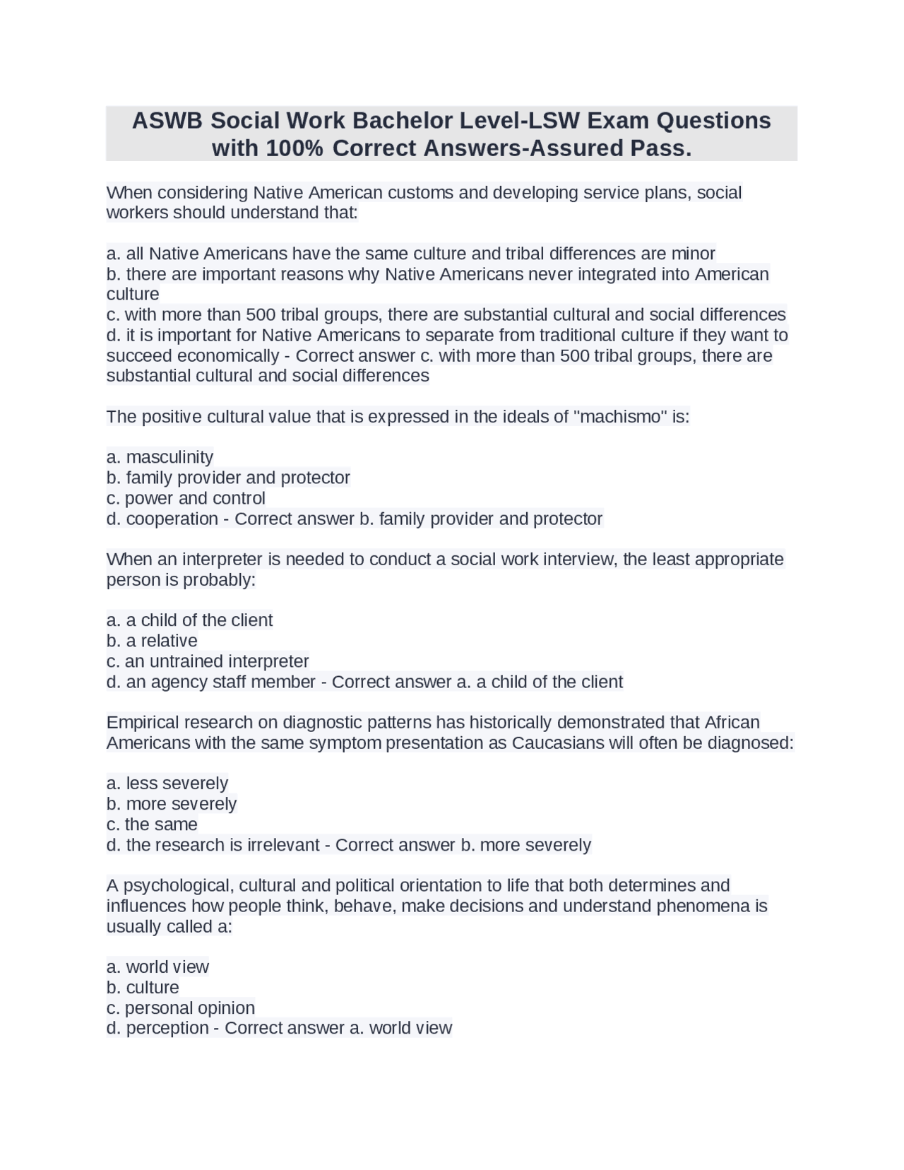 ASWB Social Work Bachelor Level-LSW Exam Questions with 100% Correct Answers-Assured Pass ...