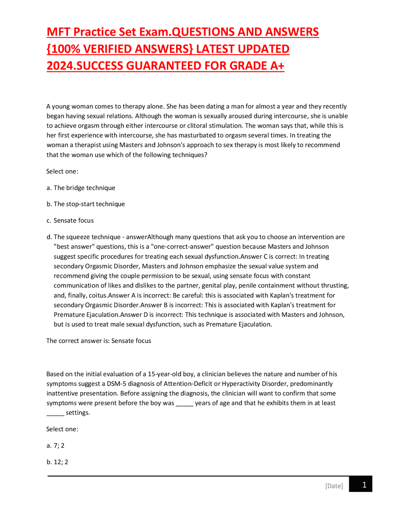 MFT Practice Set Exam.QUESTIONS AND ANSWERS {100% VERIFIED ANSWERS ...