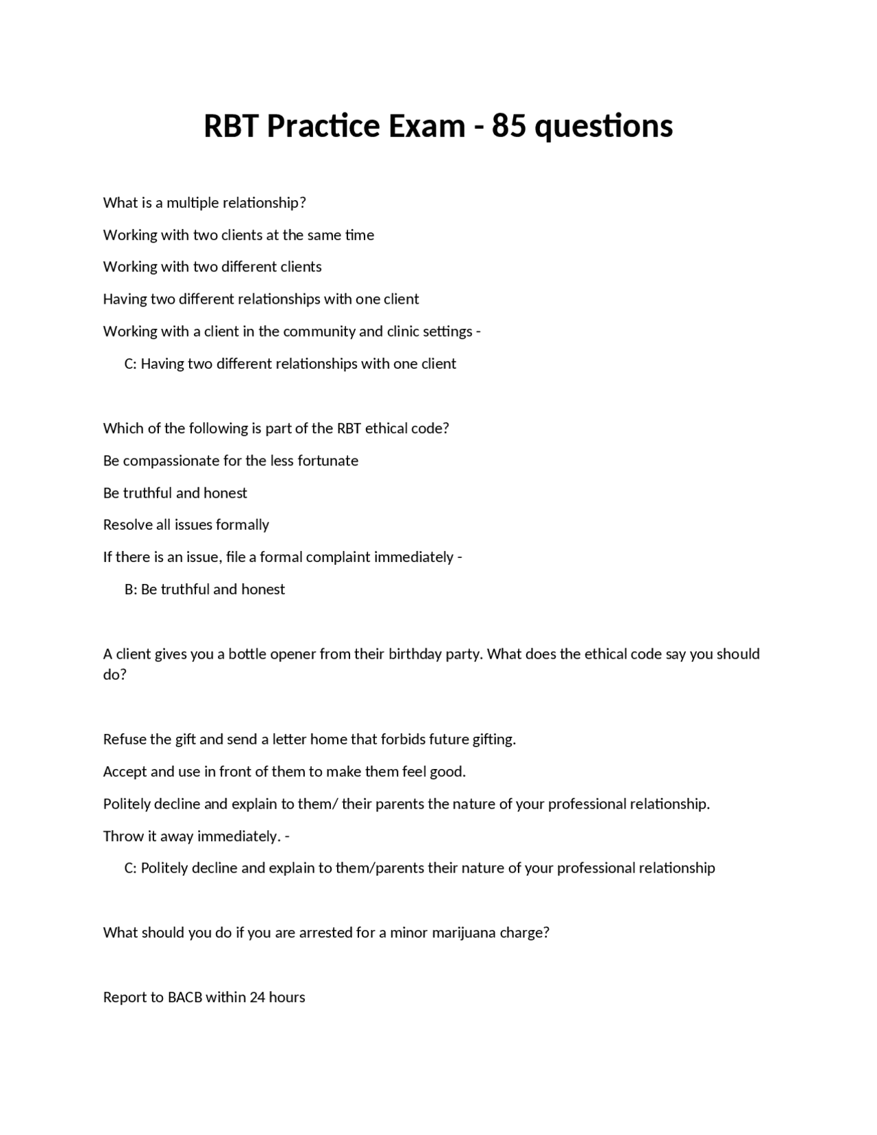RBT Practice Exam | Exams Psychology | Docsity