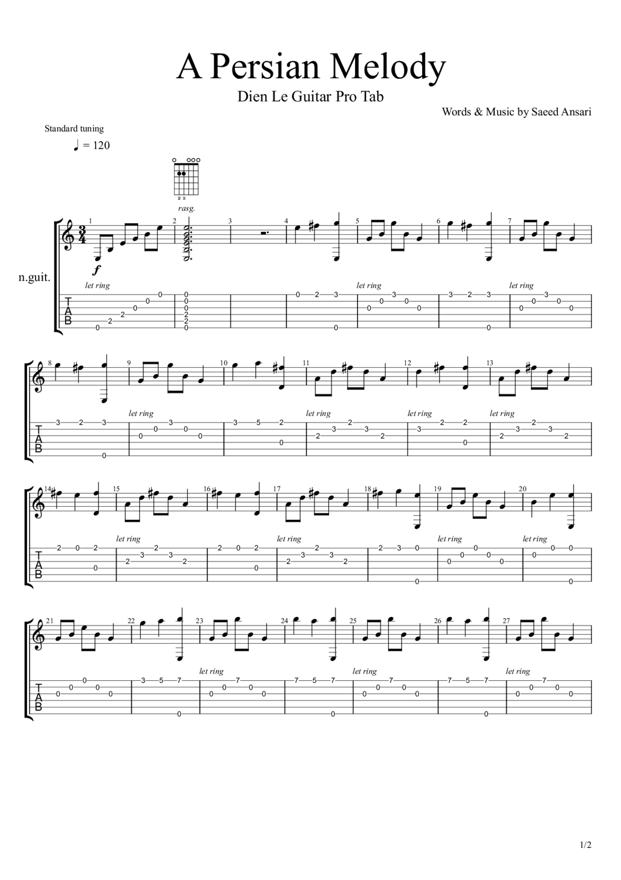 A Persian Melody - Guitar Tabs | Transcripciones de Música | Docsity