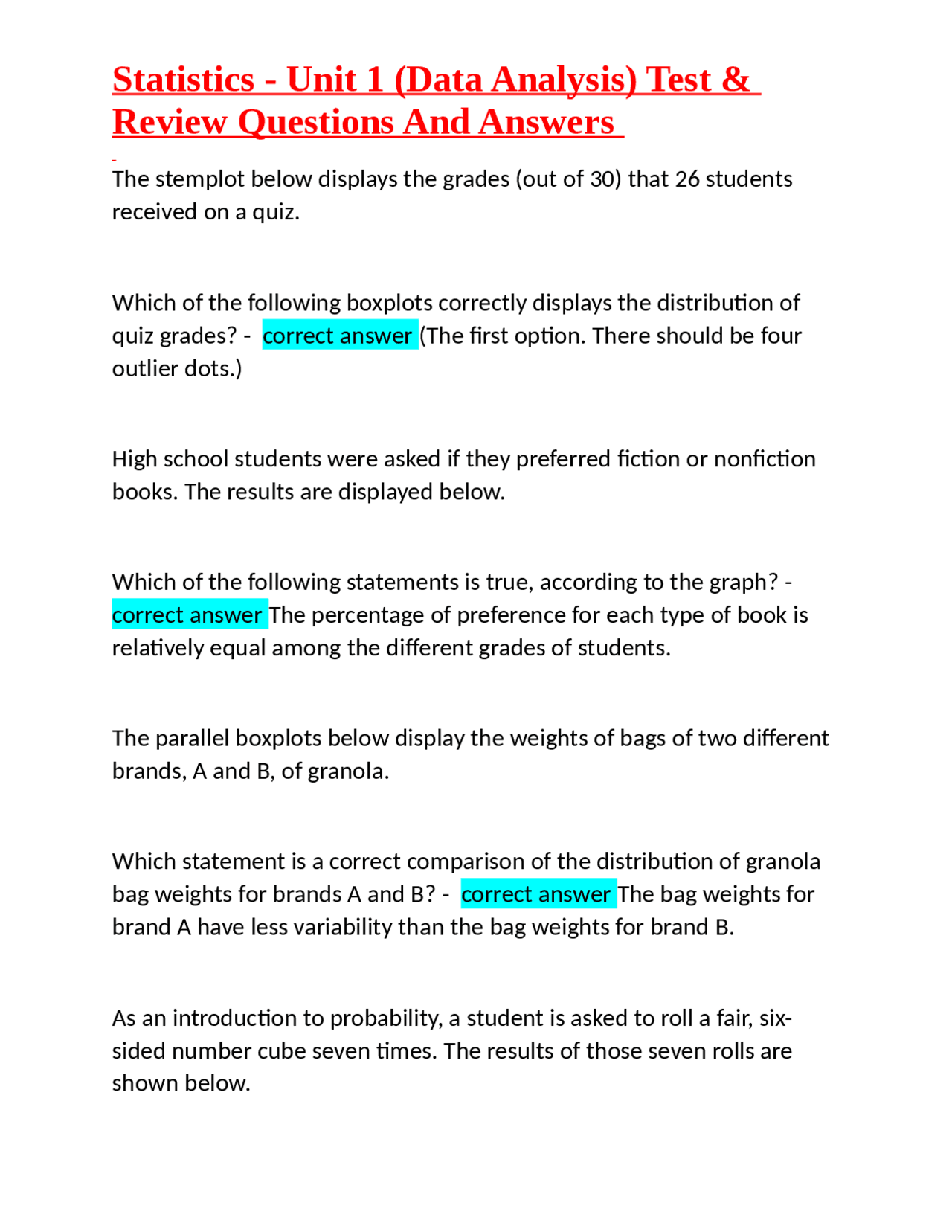 Statistics Unit 1 Data Analysis Test And Review Questions And Answers Exams Statistics Docsity