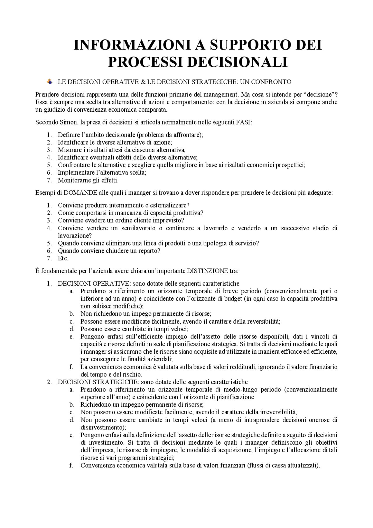 Processi decisionali e analisi differenziale | Appunti di Programmazione e controllo | Docsity