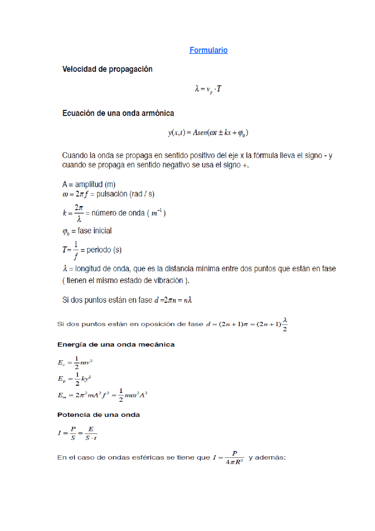 Formulario Ondas Mecanicas ESIME Zacatenco | Guías, Proyectos ...