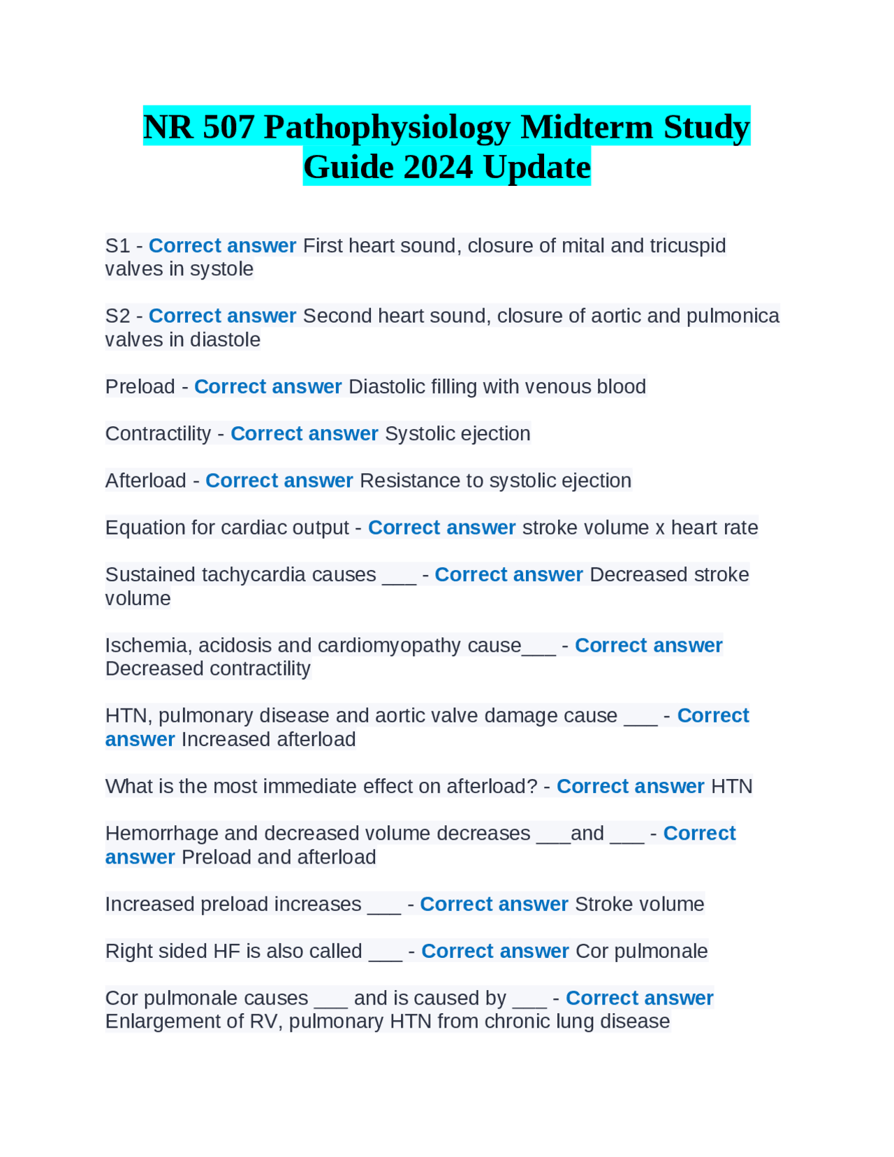 NR 507 Pathophysiology Midterm Study Guide 2024 Update | Exams ...