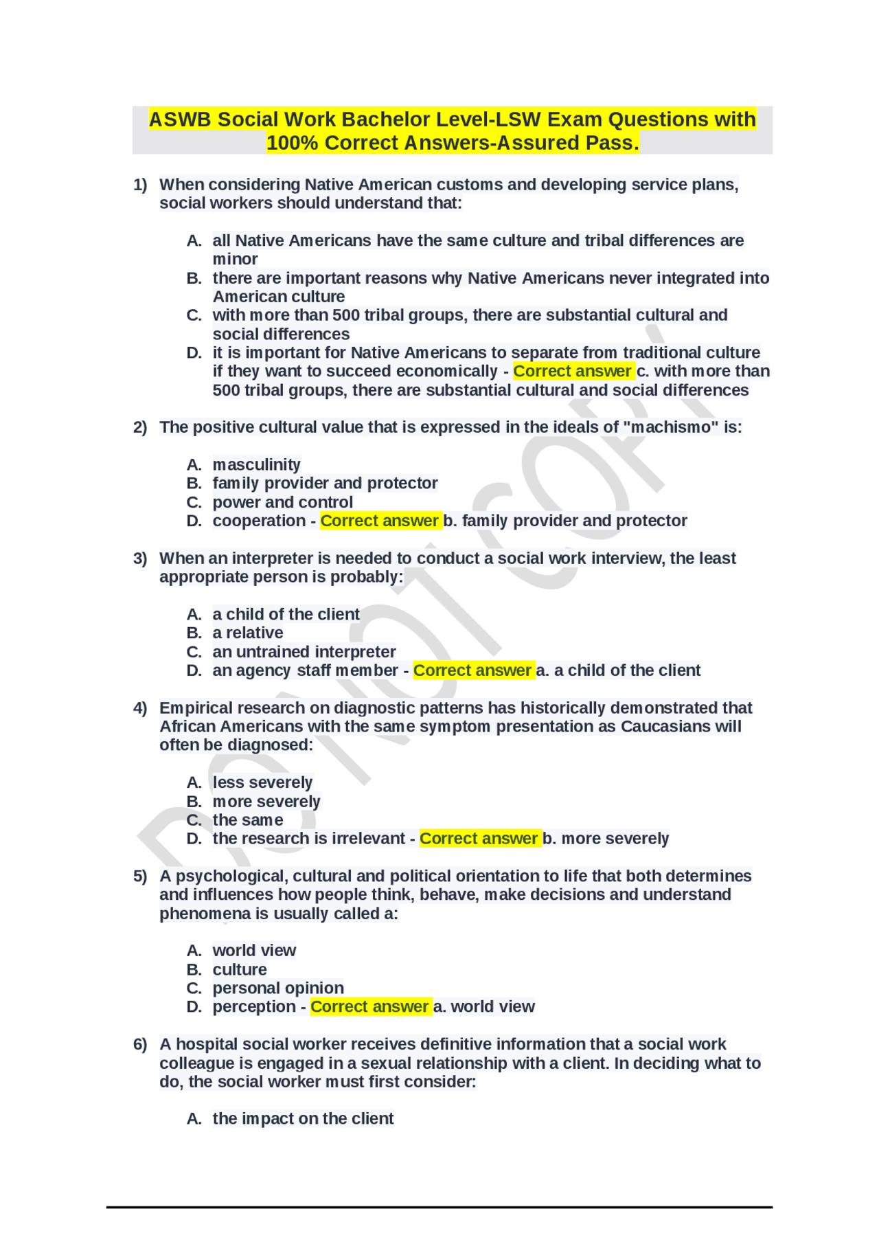 ASWB Social Work Bachelor Level-LSW Exam Questions with 100% Correct ...