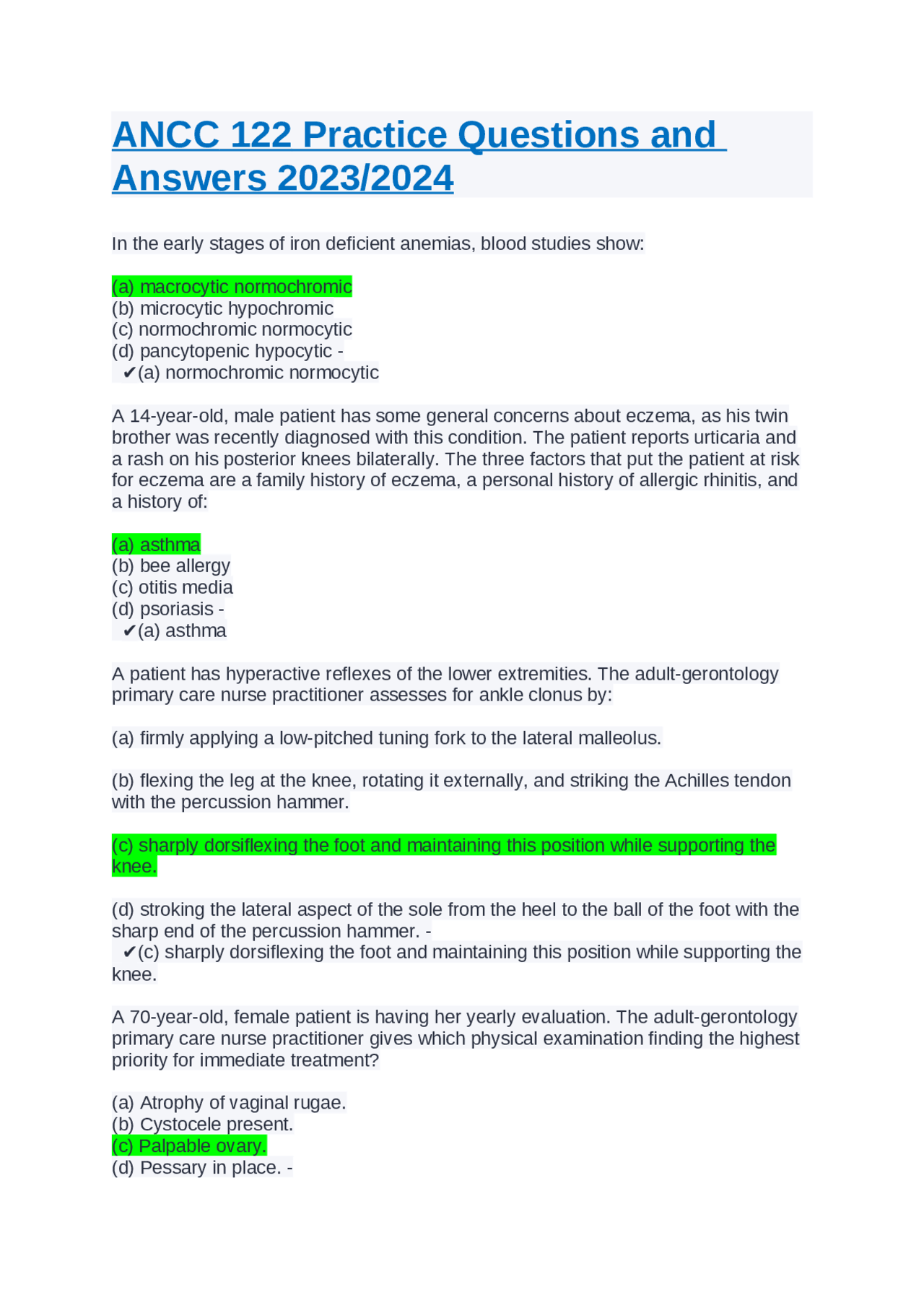 ANCC 122 Practice Questions and Answers 2023 2024 | Exams Nursing | Docsity