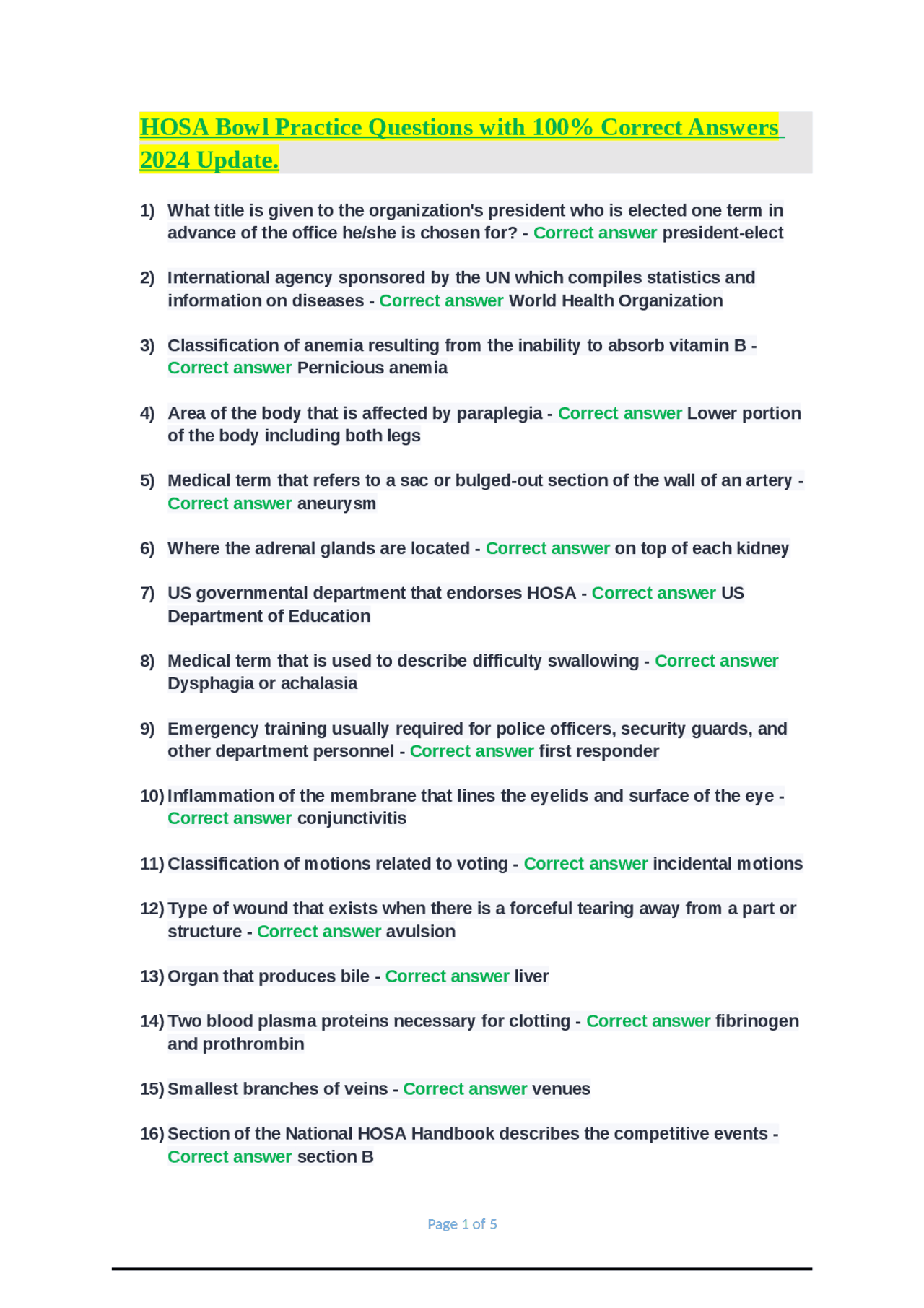HOSA Bowl Practice Questions with 100% Correct Answers 2024 Update ...