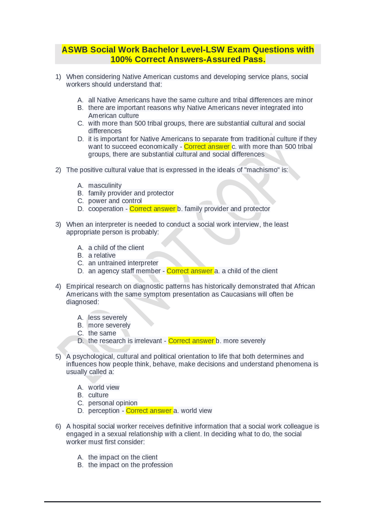ASWB Social Work Bachelor Level-LSW Exam Questions with 100% Correct ...