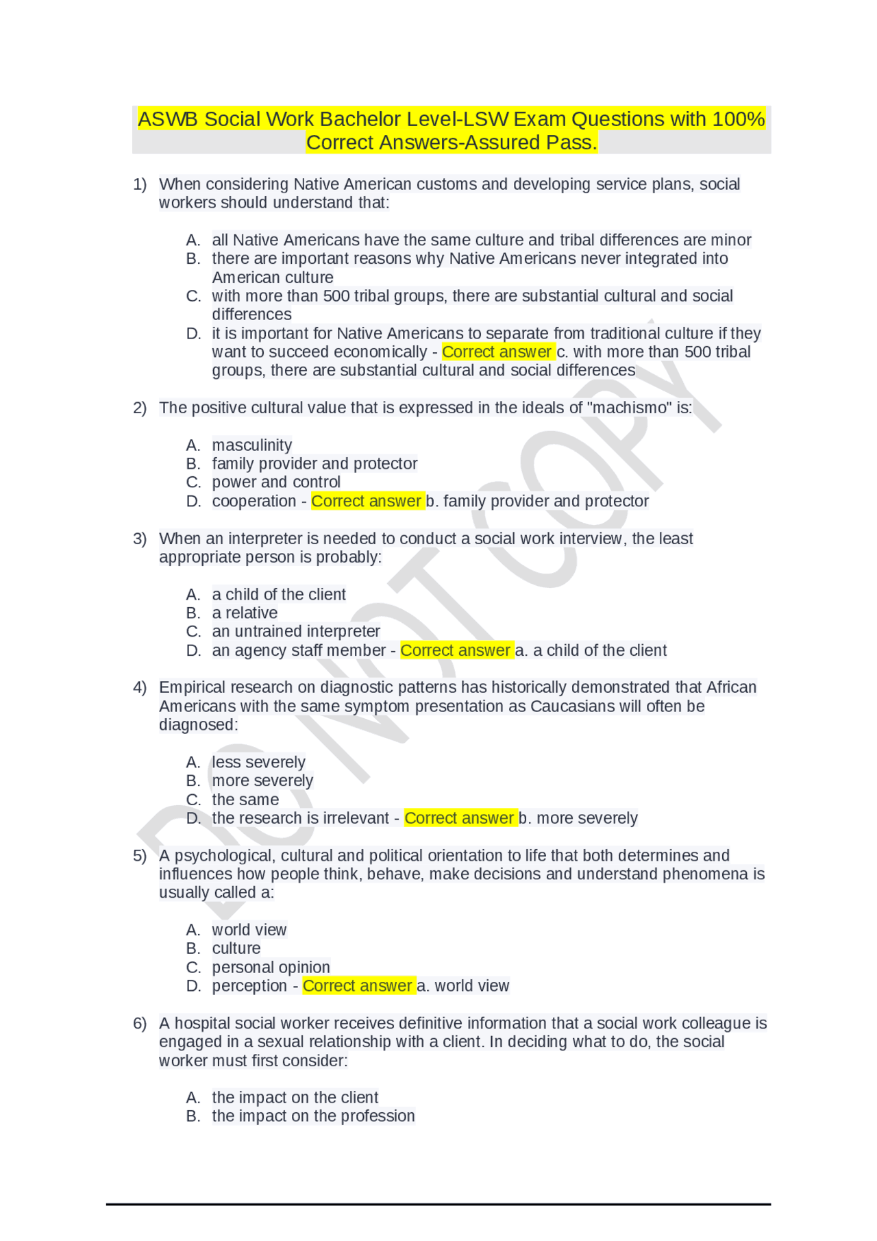 ASWB Social Work Bachelor Level-LSW Exam Questions with 100% Correct ...