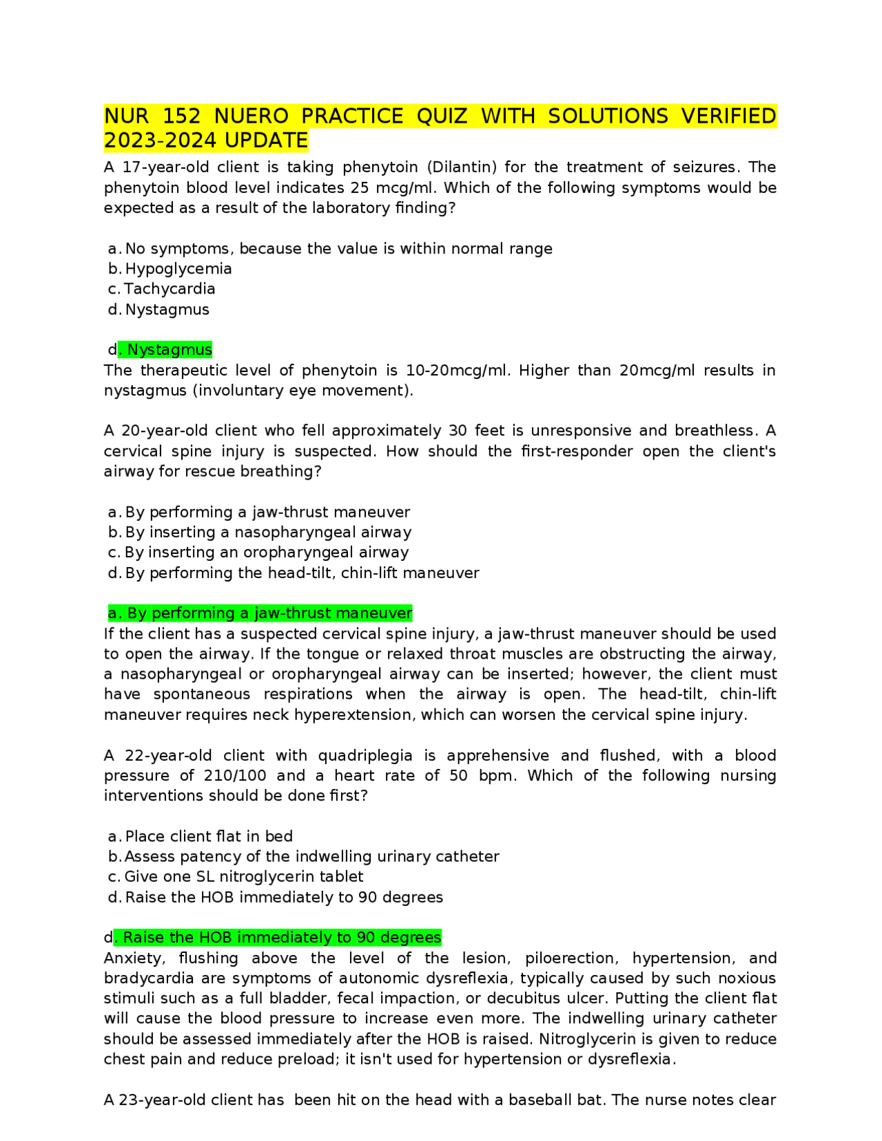 NUR 152 NUERO PRACTICE QUIZ WITH SOLUTIONS VERIFIED 2023-2024 UPDATE ...
