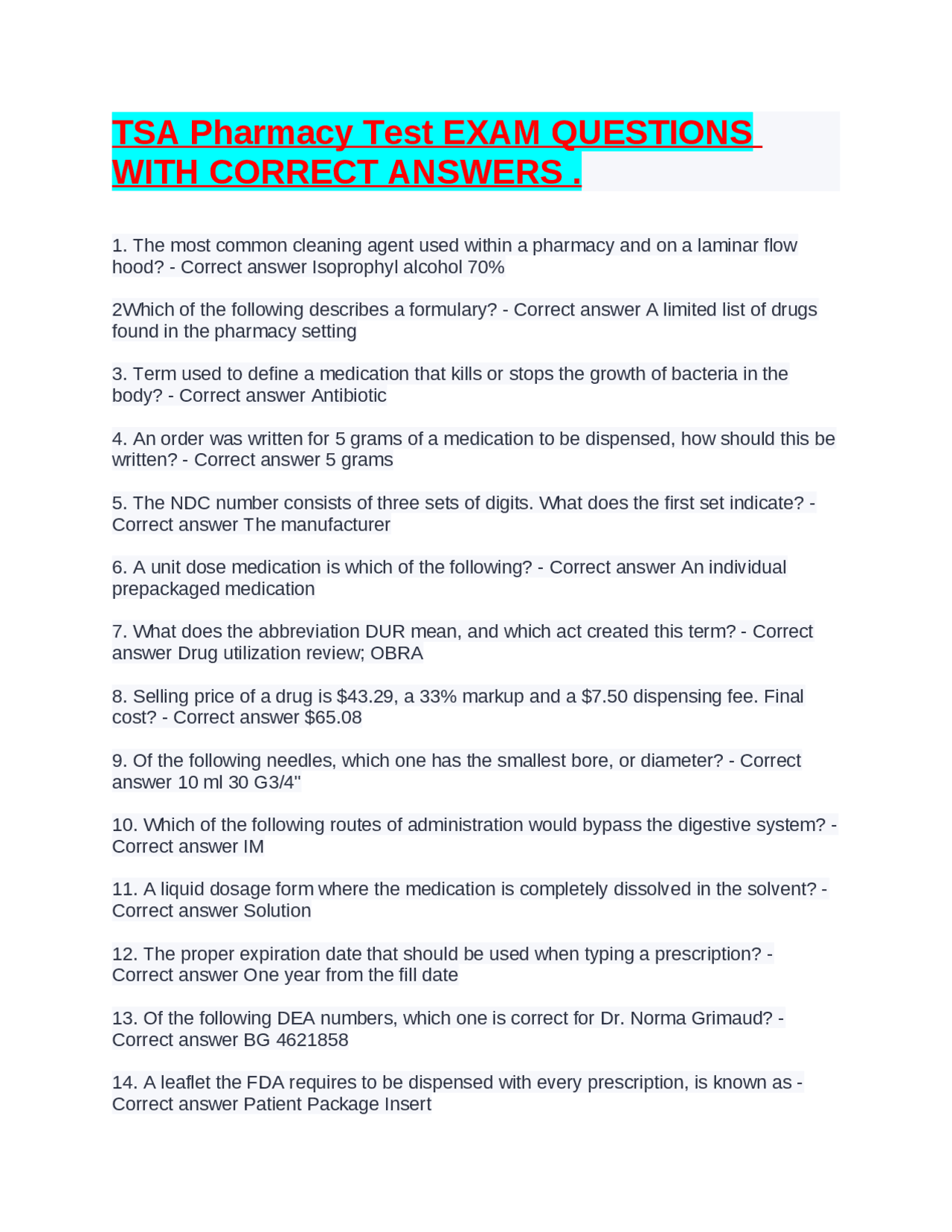 TSA Pharmacy Test EXAM QUESTIONS WITH CORRECT ANSWERS . | Exams Nursing ...