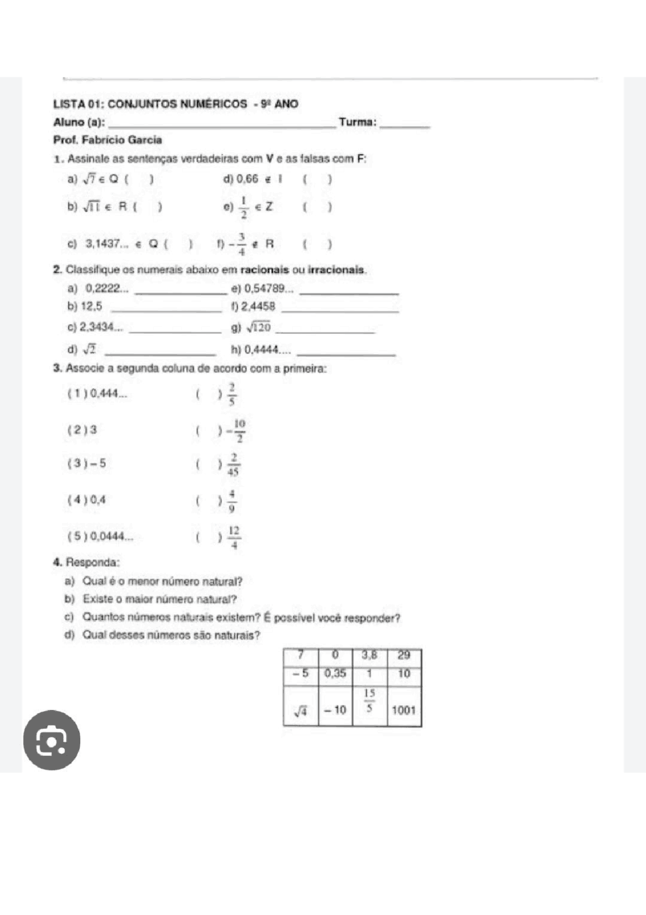 Conjunto numéricos e revisão | Exercícios Matemática | Docsity