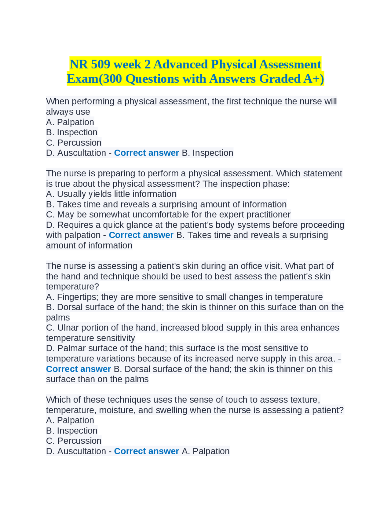 NR 509 week 2 Advanced Physical Assessment Exam(300 Questions with ...