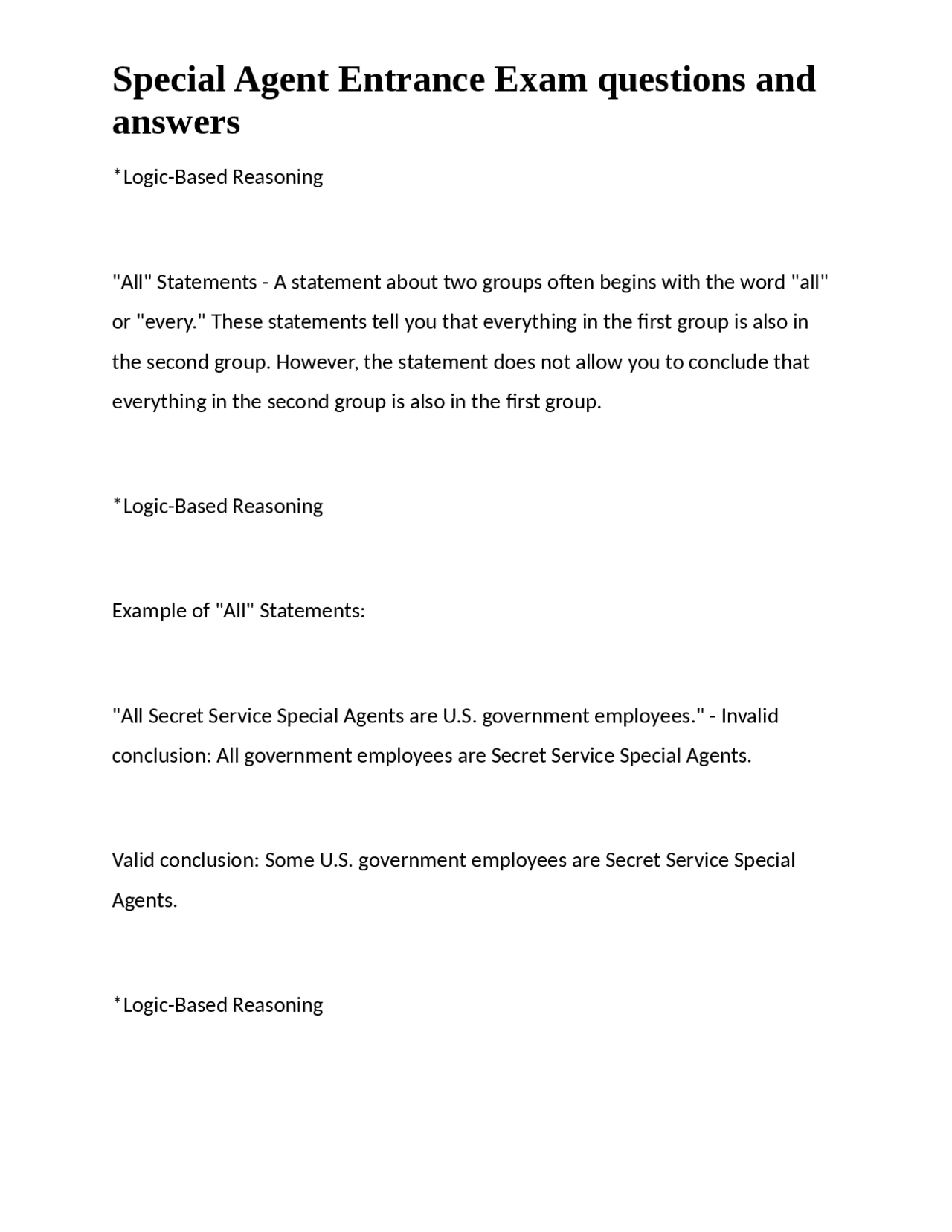 Special Agent Entrance Exam questions and answers | Exams Nursing | Docsity