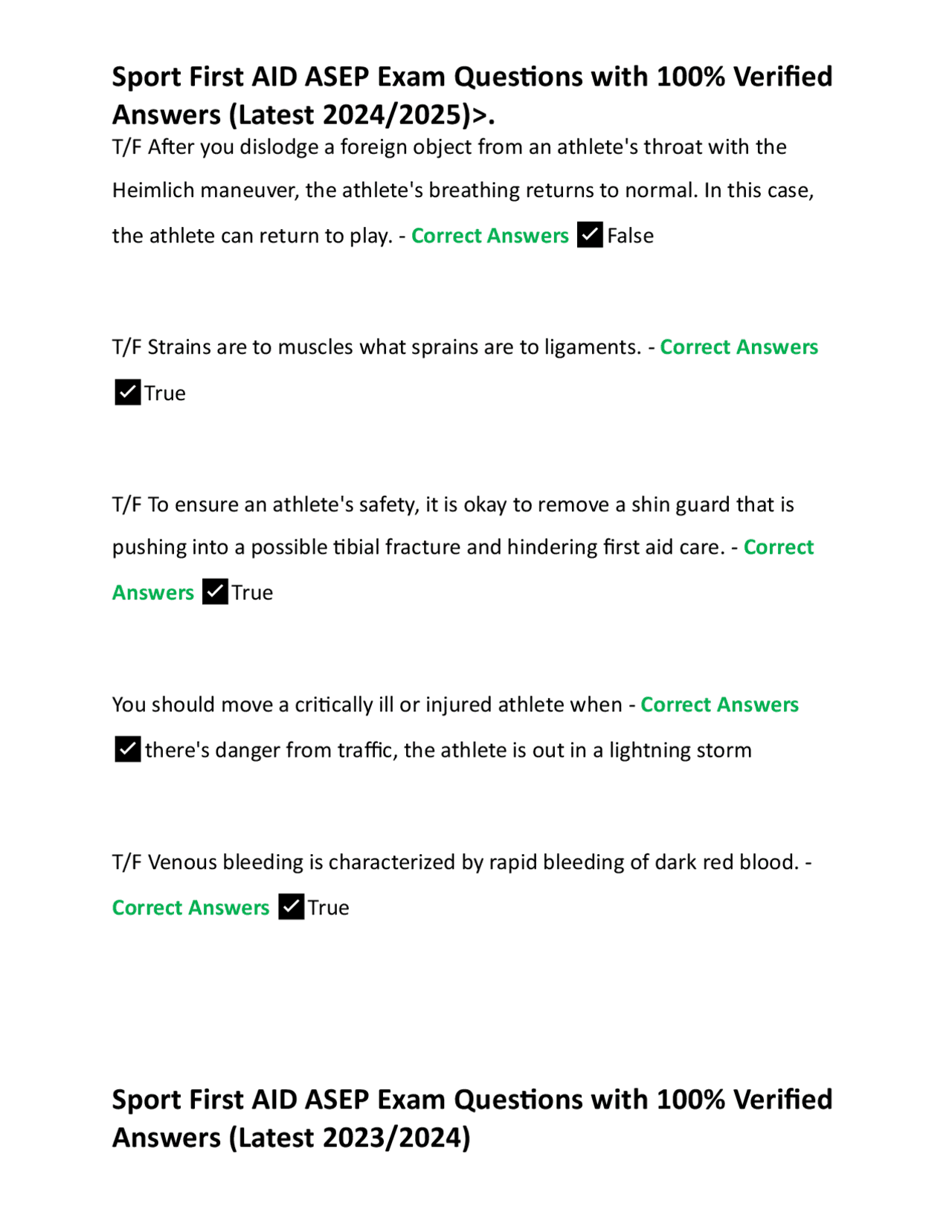 Sport First AID ASEP Exam Questions with 100% Verified Answers (Latest ...
