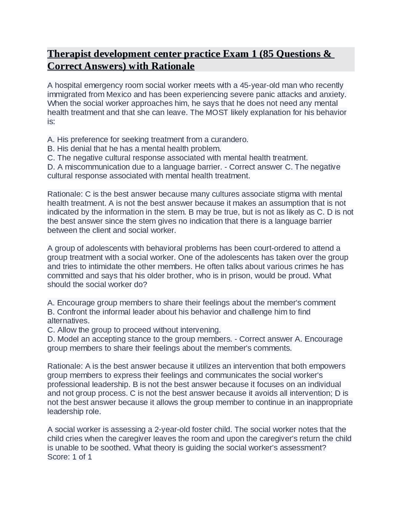 Therapist development center practice Exam 1 (85 Questions & Correct ...