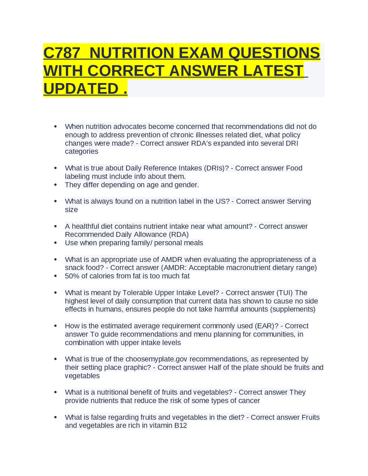 C787 Nutrition Exam Questions with Correct Answers | Exams Nutrition ...