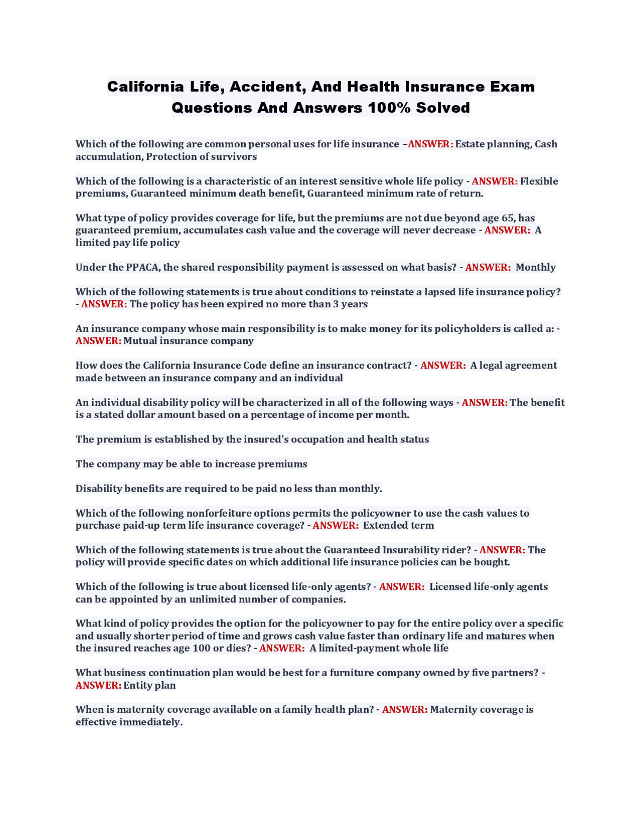 California Life, Accident, and Health Insurance Exam Questions and ...