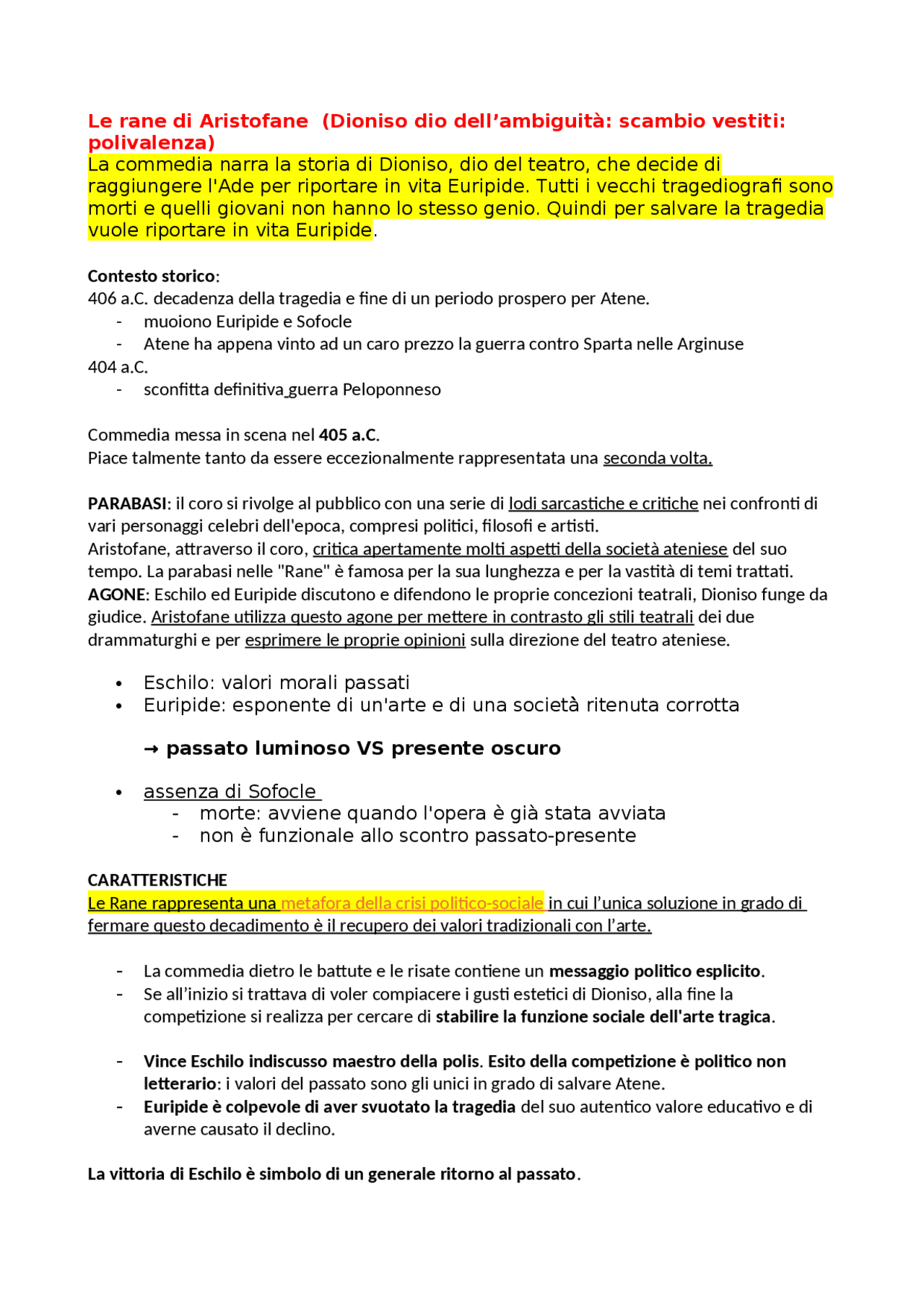 la commedia di Aristofane, le Rane | Appunti di Storia del Teatro e dello Spettacolo | Docsity
