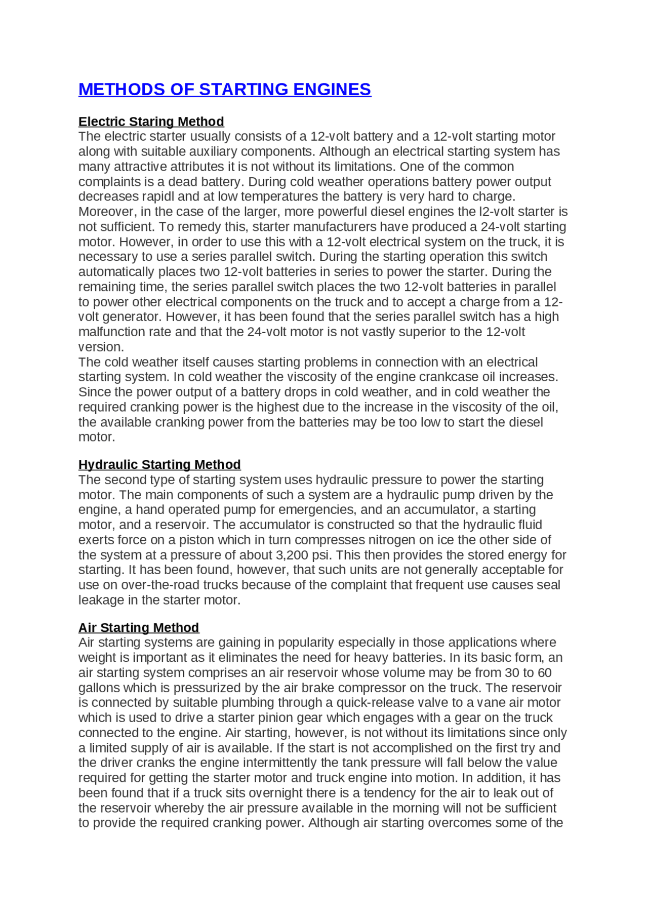 Method of starting marine engines | Summaries Marine Engineering | Docsity