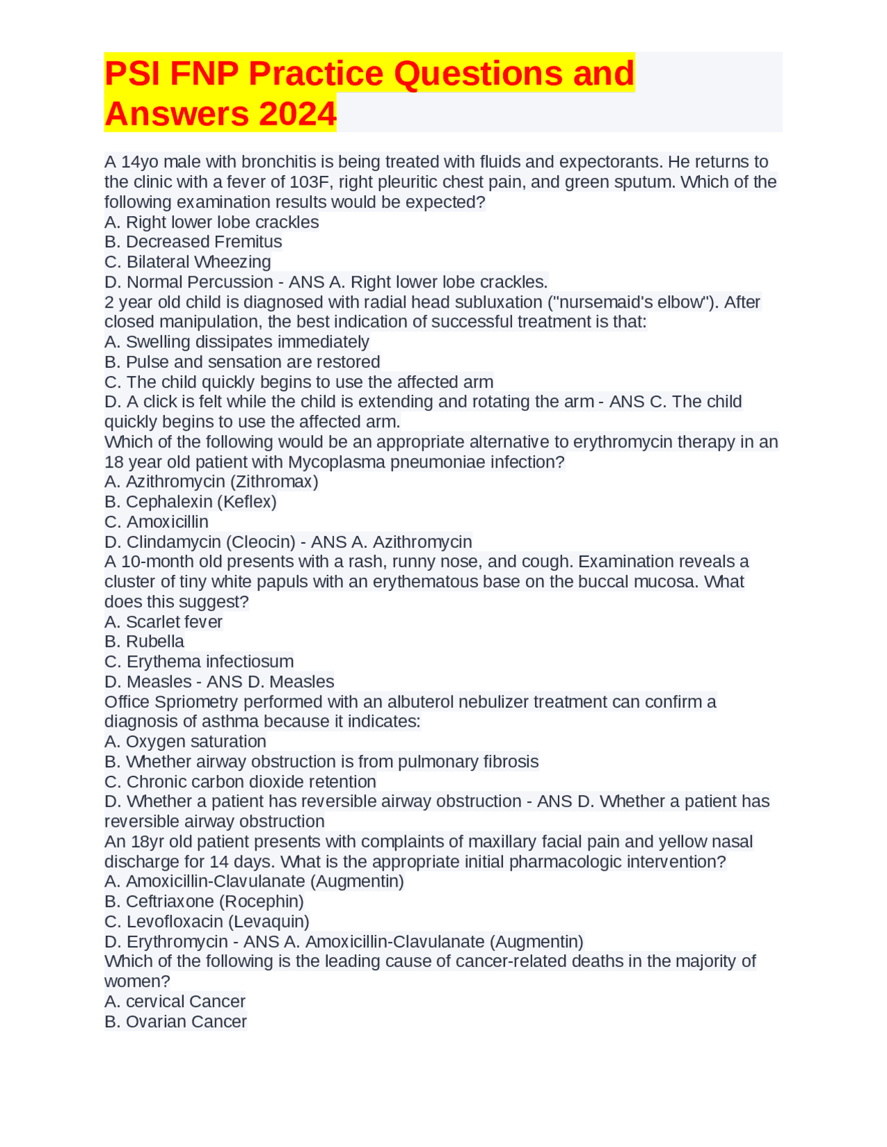 PSI FNP Practice Questions and Answers 2024 | Exams Nursing | Docsity
