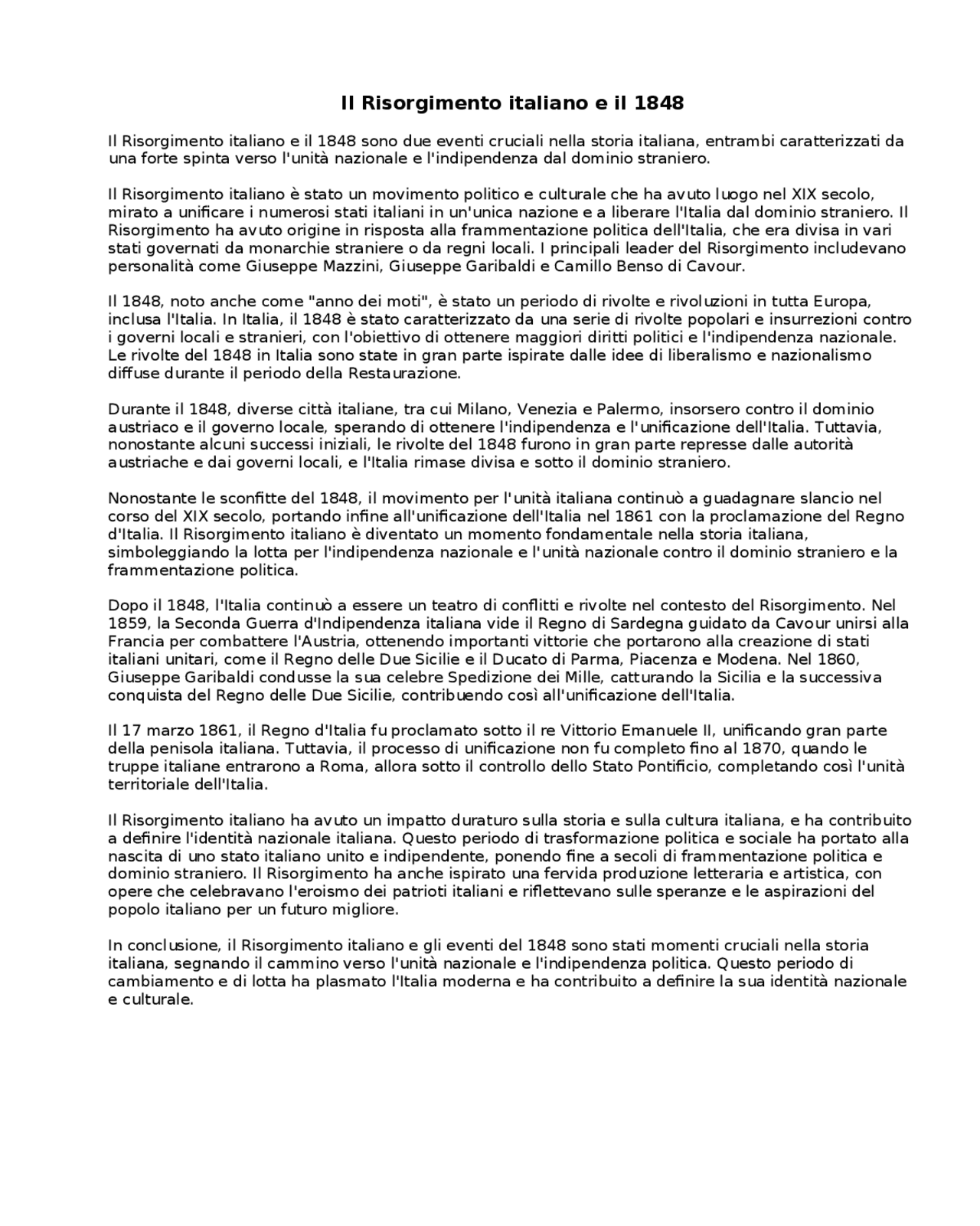 Il Risorgimento italiano e il 1848 | Appunti di Storia | Docsity