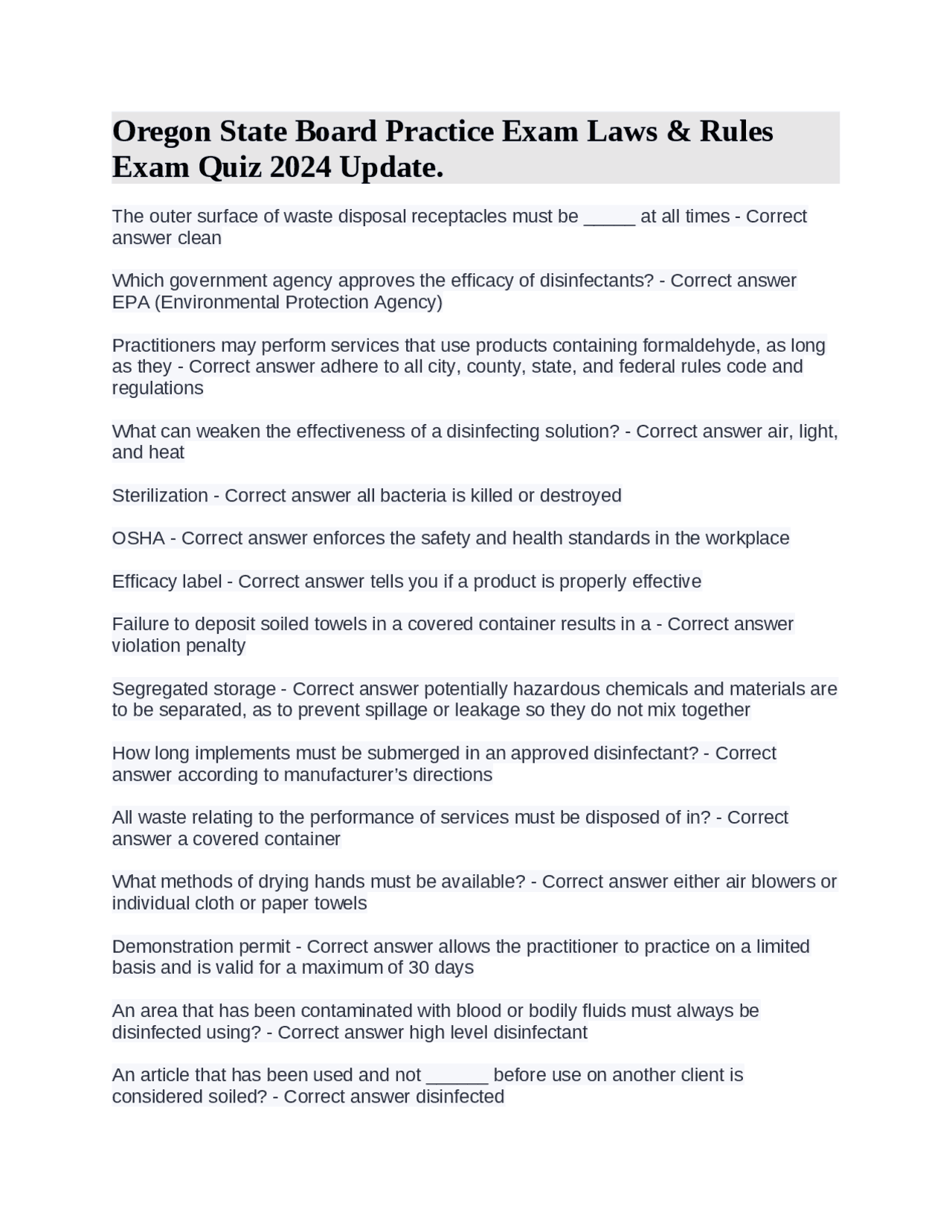 Oregon State Board Practice Exam Laws & Rules Exam Quiz 2024 Update ...