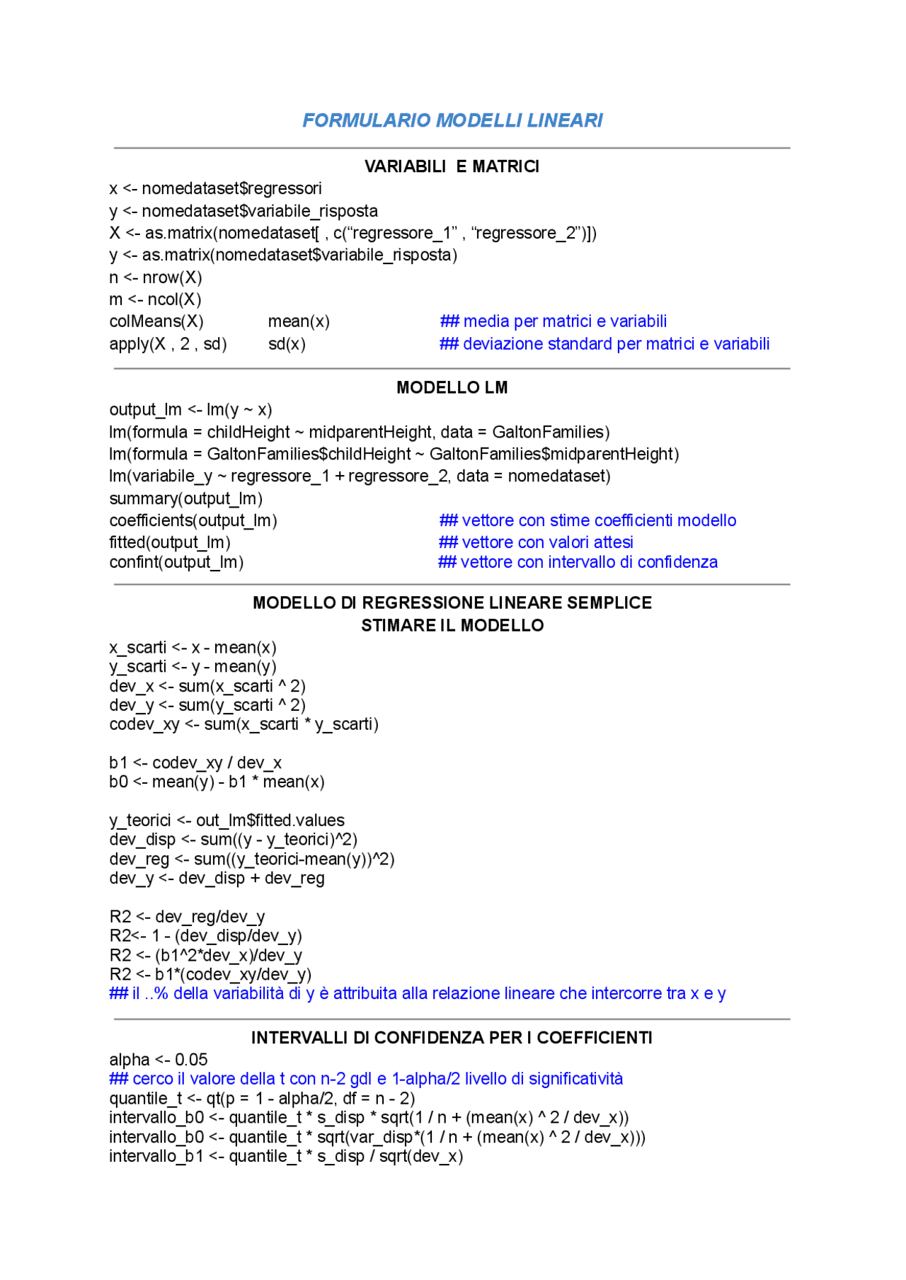 FORMULARIO PER ESAME MODELLI LINEARE CON R | Formulari di Algebra | Docsity