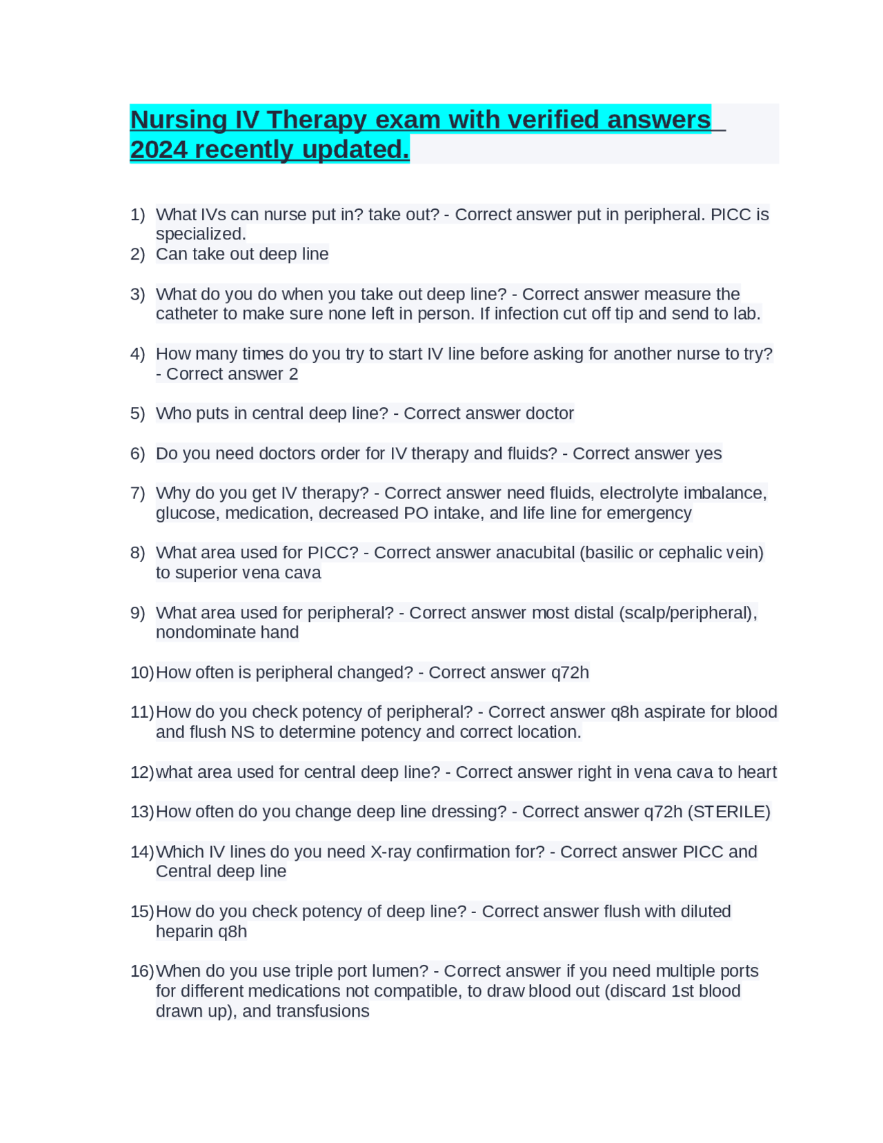 Nursing IV Therapy exam with verified answers 2024 recently updated ...