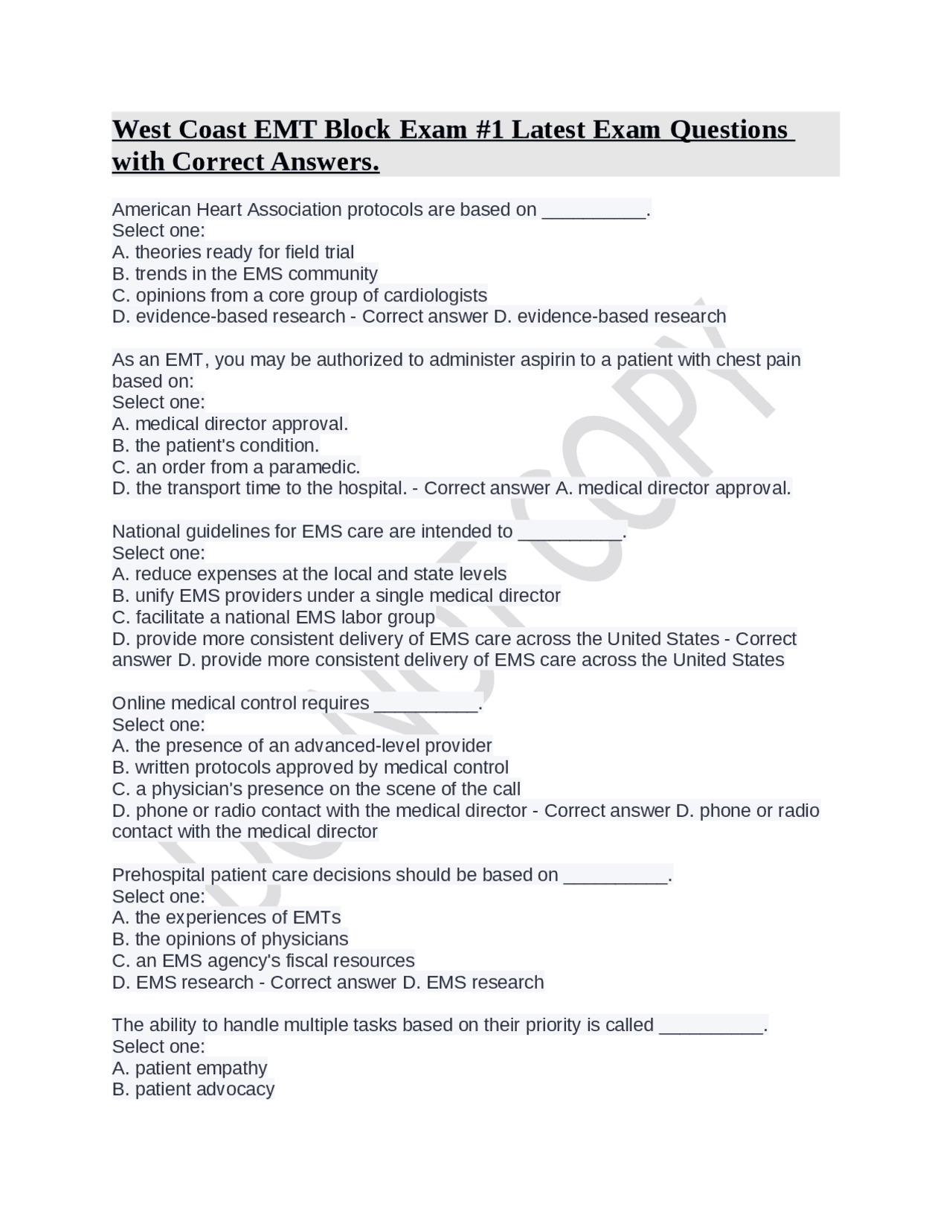 West Coast EMT Block Exam #1 Latest Exam Questions with Correct Answers ...