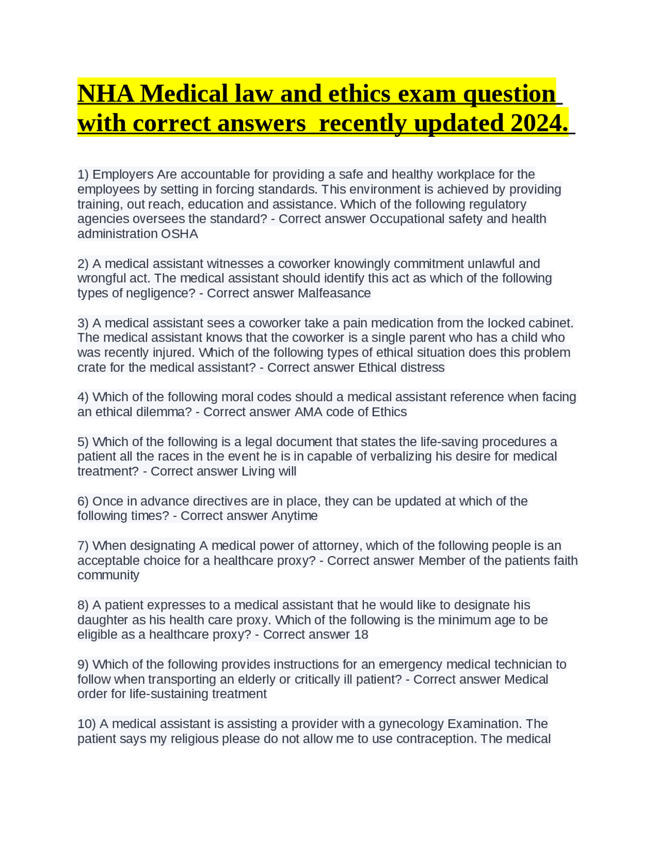 NHA Medical Law and Ethics Exam Questions with Correct Answers | Exams ...