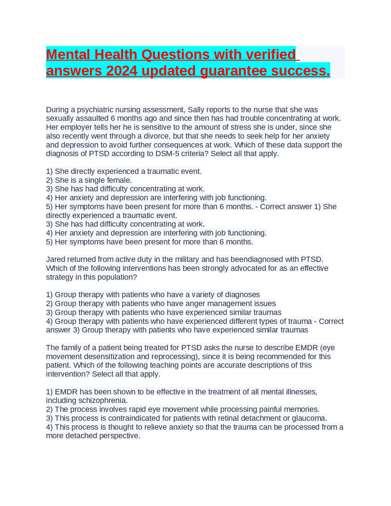 Mental Health Questions with verified answers 2024 updated guarantee ...