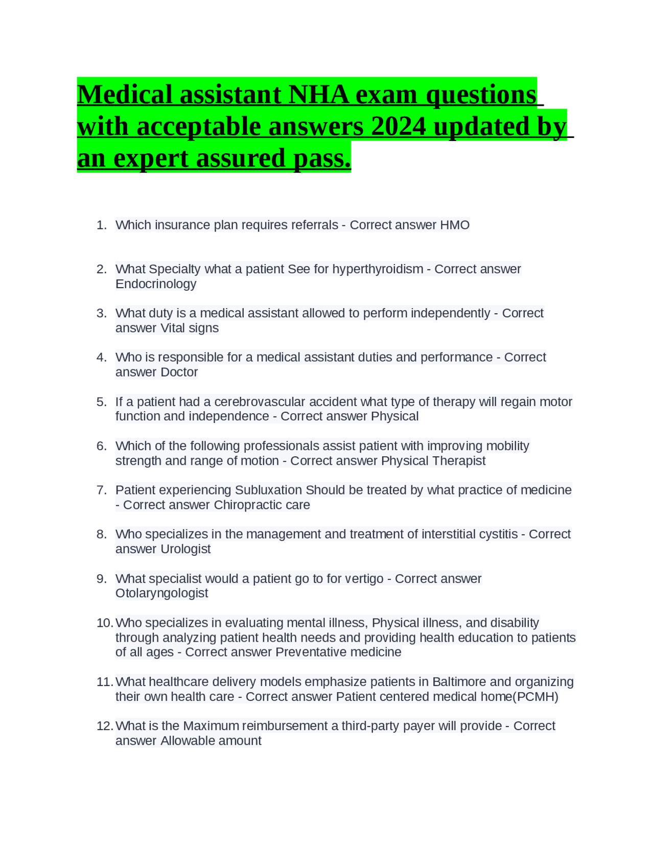 Medical assistant NHA exam questions with acceptable answers 2024 ...