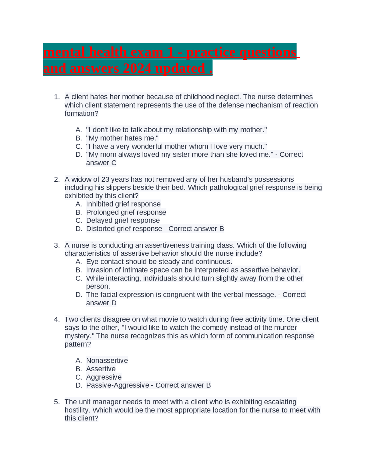 mental health exam 1 - practice questions and answers 2024 updated ...