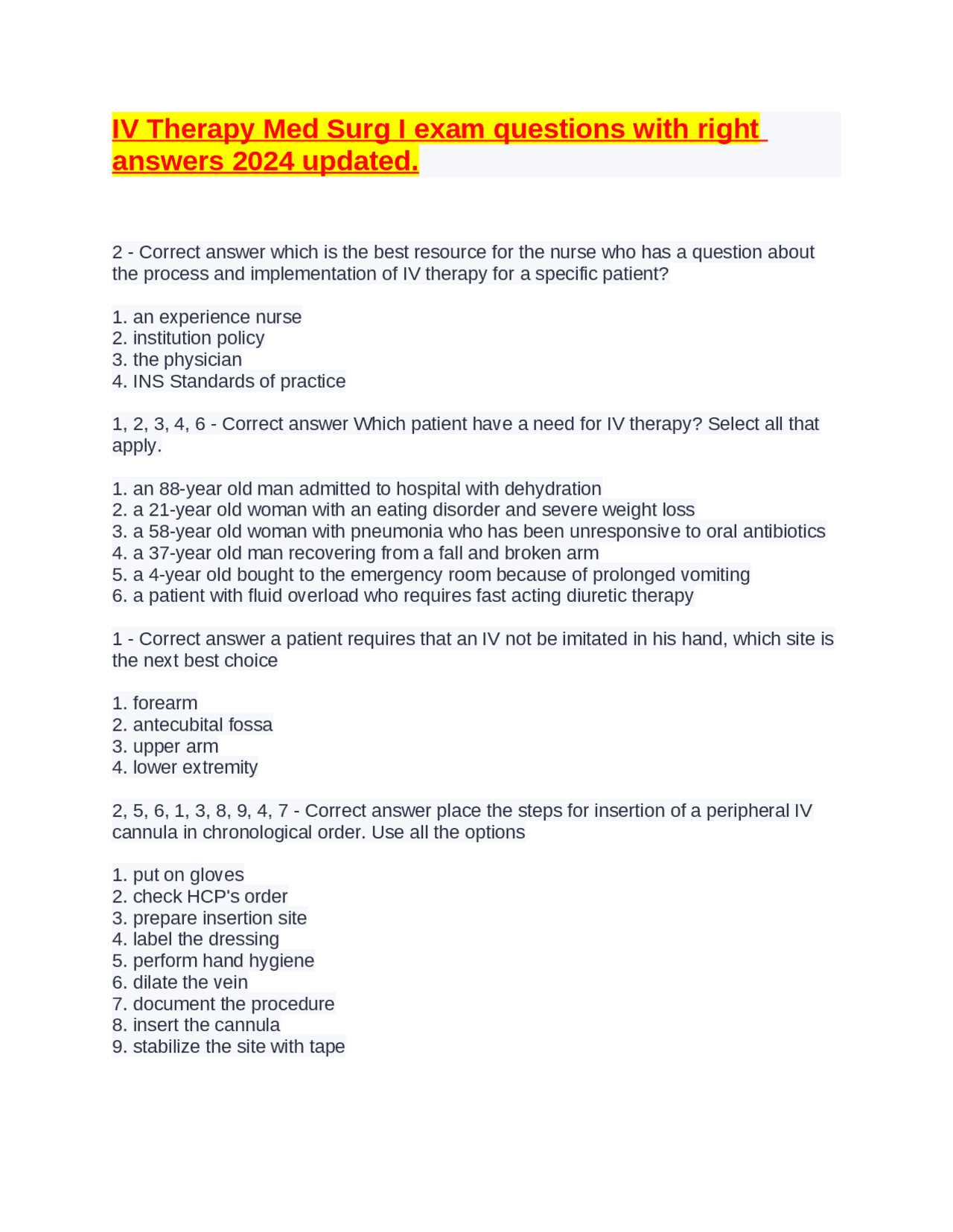 IV Therapy Med Surg I exam questions with right answers 2024 updated ...