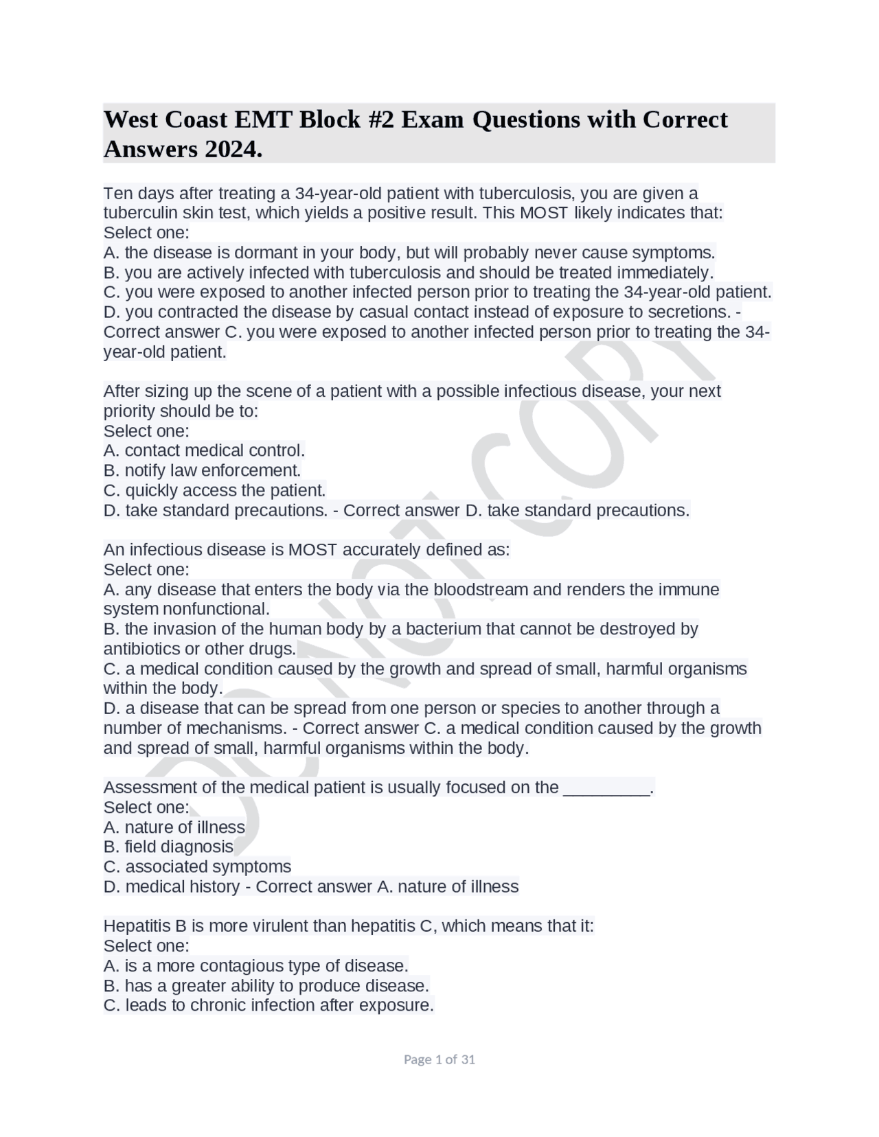 West Coast EMT Block #2 Exam Questions with Correct Answers 2024 ...