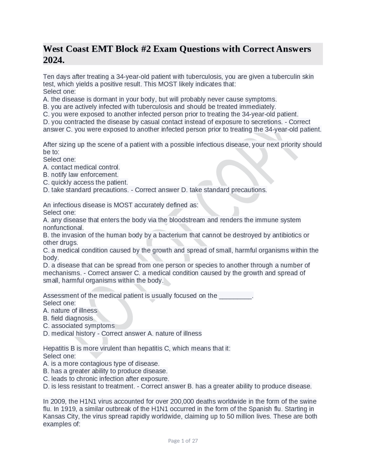 West Coast EMT Block #2 Exam Questions with Correct Answers 2024. | Exams Public Health | Docsity