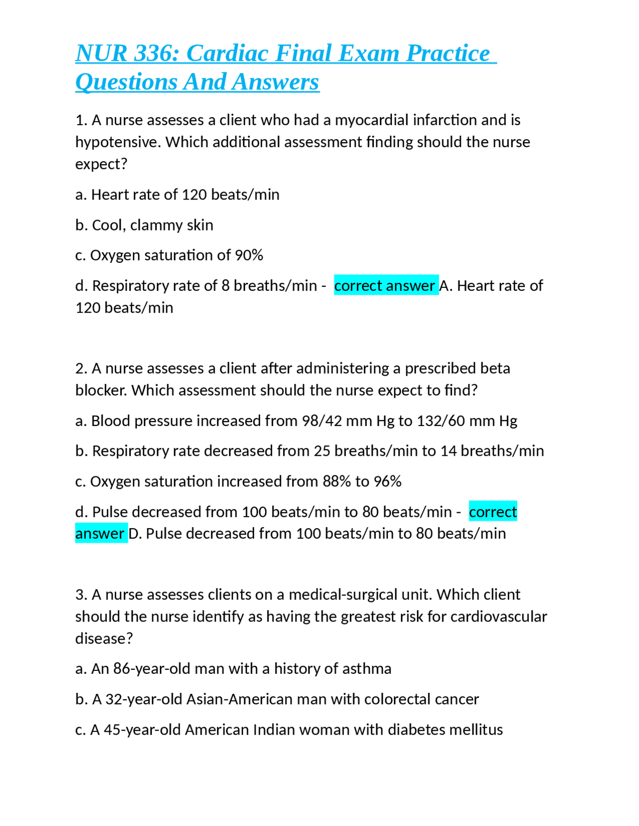 NUR 336: Cardiac Final Exam Practice Questions And Answers | Exams ...