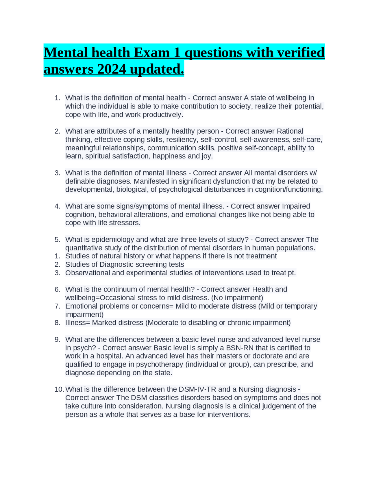 Mental health Exam 1 questions with verified answers 2024 updated ...