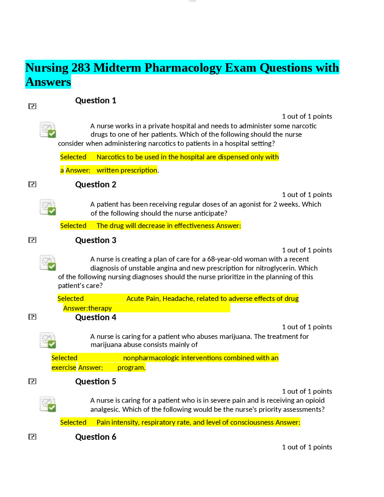 Pharmacology Exam Questions with Answers | Exams Nursing | Docsity