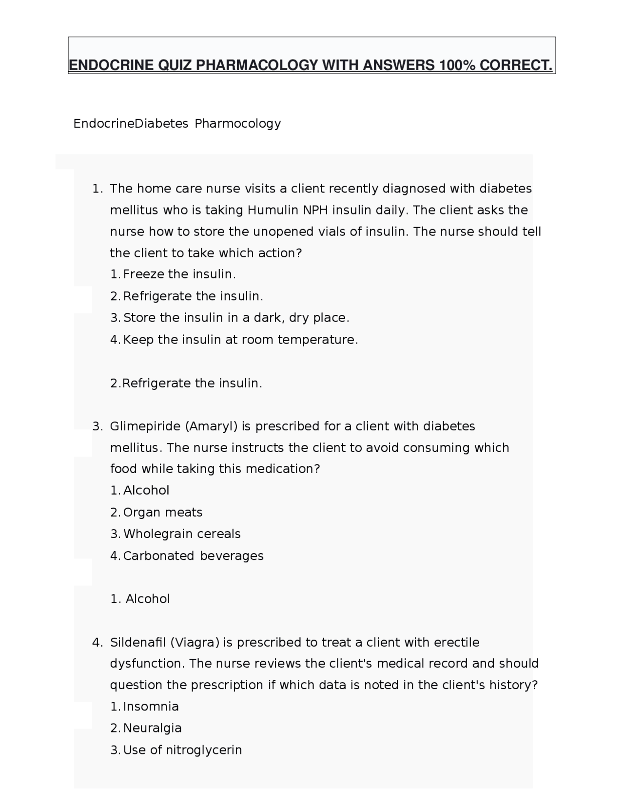 ENDOCRINE QUIZ PHARMACOLOGY WITH ANSWERS 100% CORRECT. | Exams ...