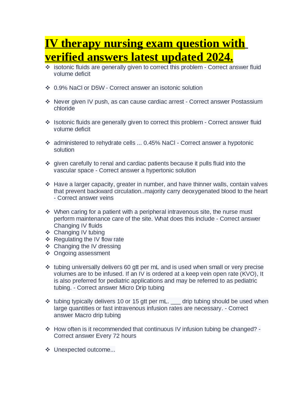 IV therapy nursing exam question with verified answers latest updated ...