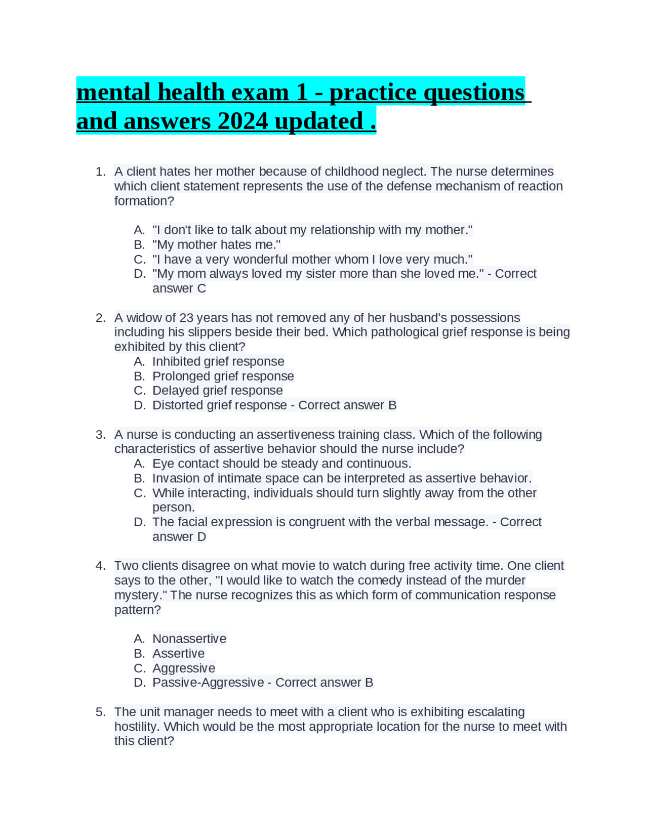 mental health exam 1 - practice questions and answers 2024 updated ...