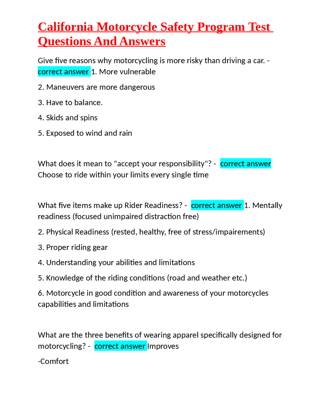 California Motorcycle Safety Program Test Questions And Answers | Exams ...
